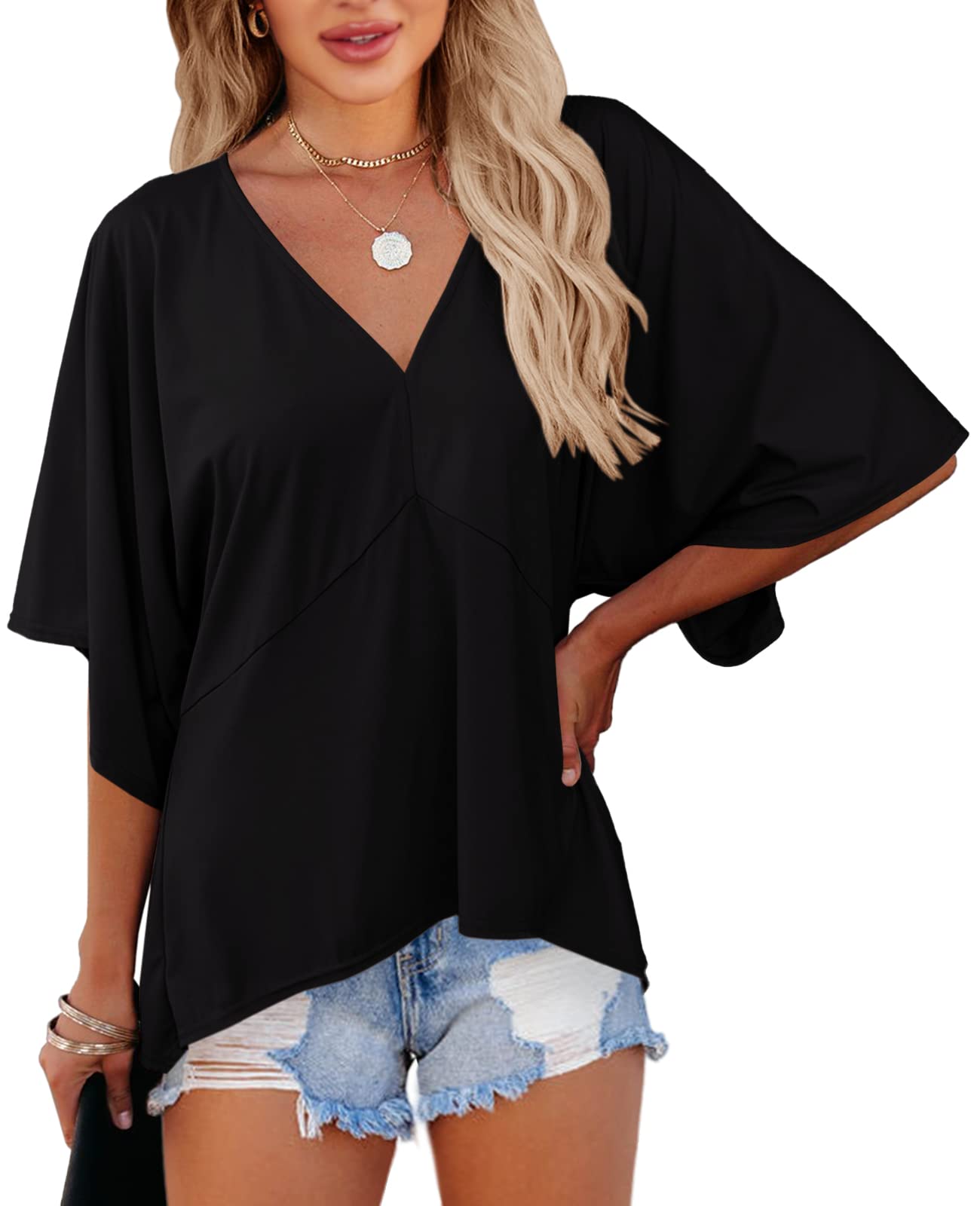 Womens V Neck 3/4 Bell Sleeve Blouse Tops Summer Loose Solid Kimono Shirt Patchwork Irregular Hem Tunic Black