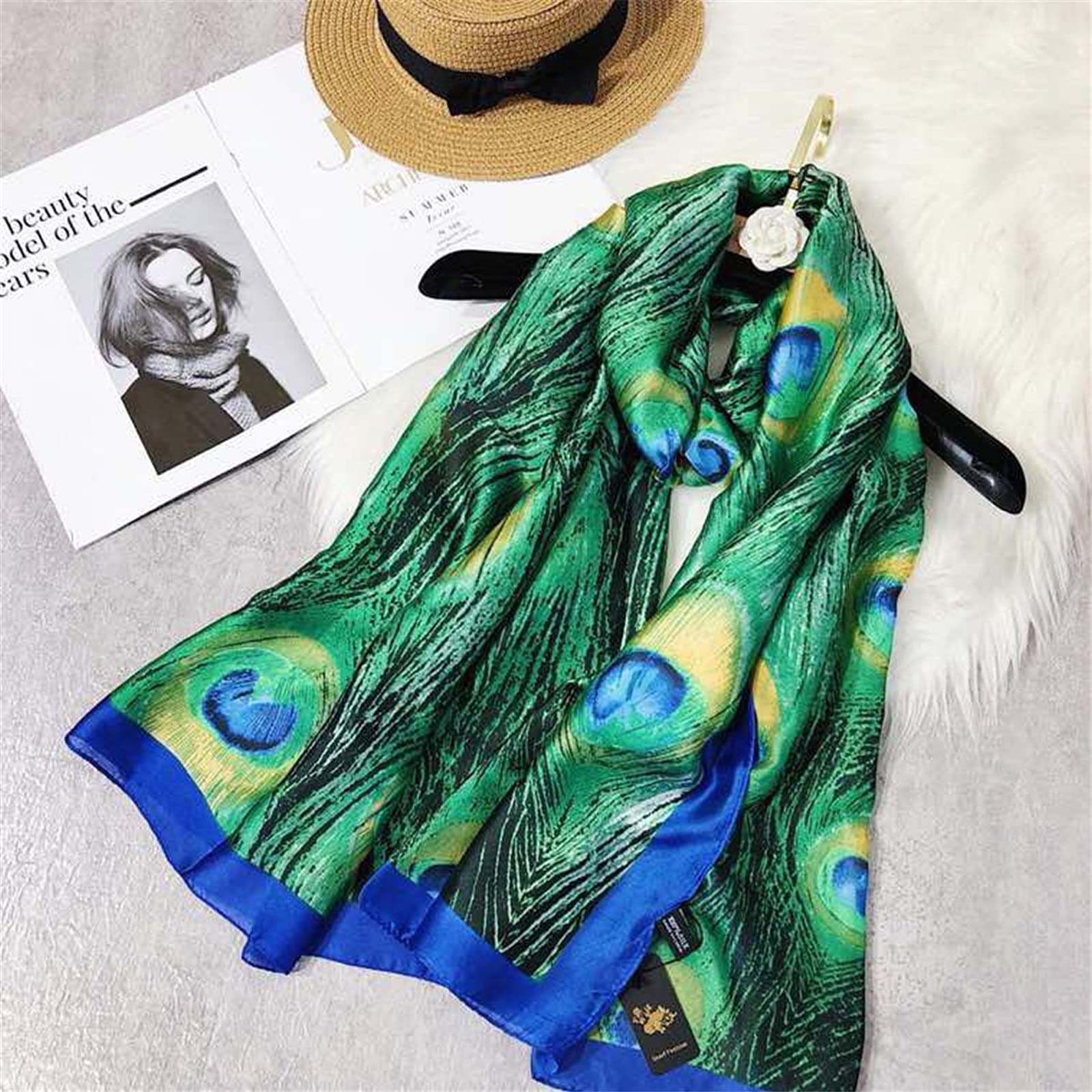 Women Silk Scarf Long Large Peacock Feather Print Wrap Shawl Scarves Headscarf