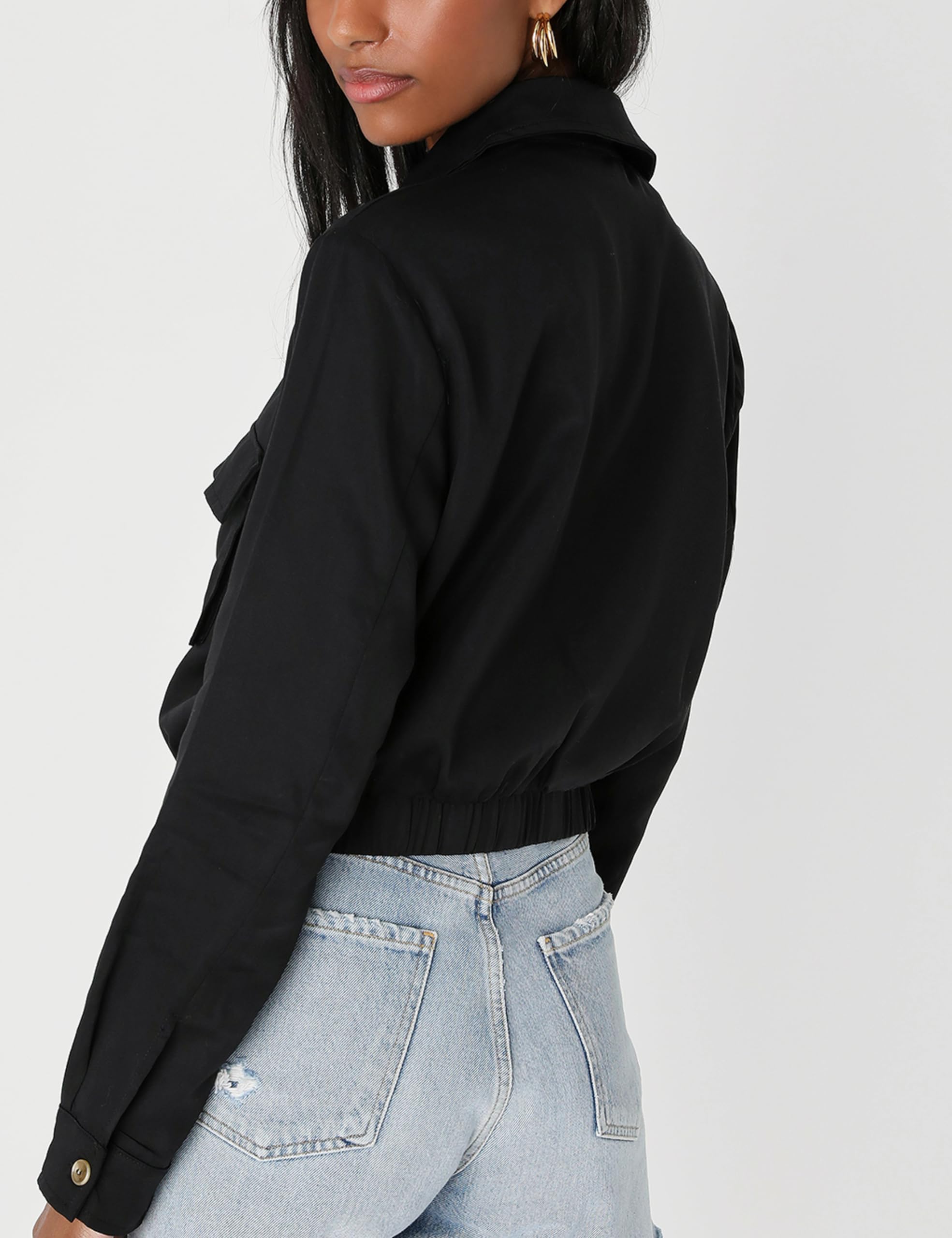 Vimyig Lightweight Black Cargo Jacket Women Casual Button Down Cropped Jackets with Pockets(Black-XL)