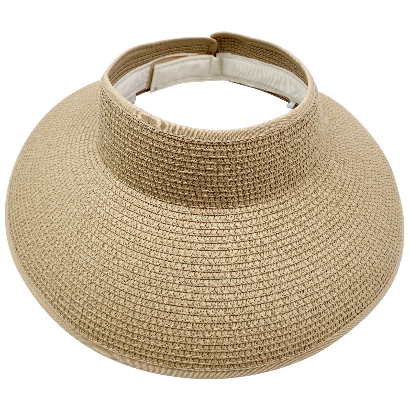 Women Sun Visors with Roll-Up Ponytail Packable Foldable Wide Brim Straw UV Protection Sun Beach Hats for Women Travel(Khaki)