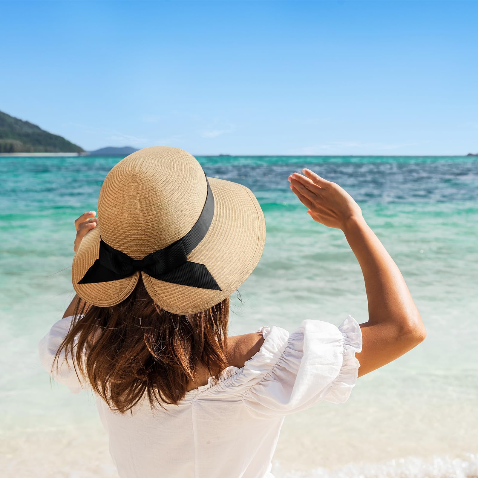 Womens Straw Hat Wide Brim Sun Hat for Women Summer Packable & Foldable Beach Straw Hat, UPF 50+, Adjustable Strap, Lightweight Brown