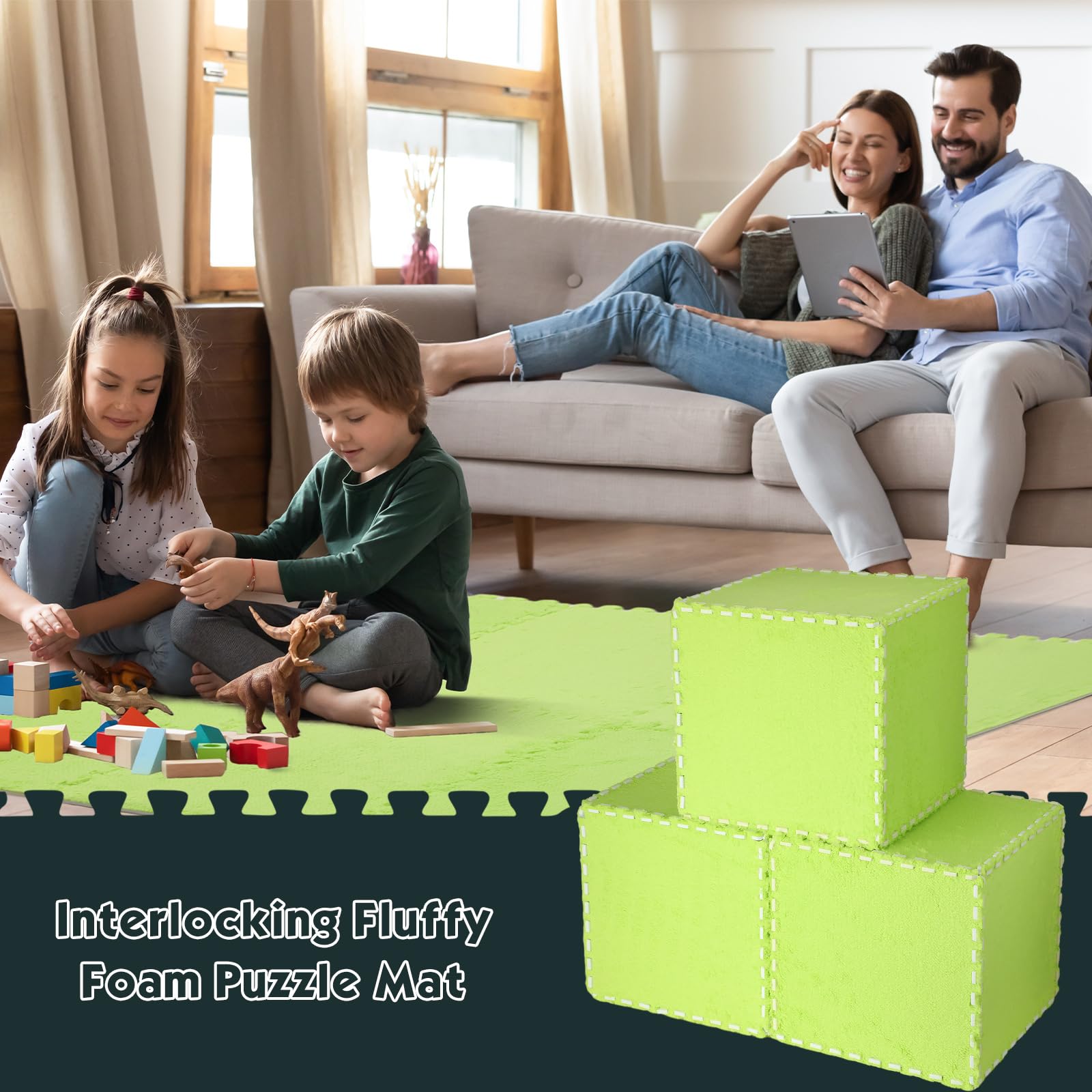 Tinideya Fluffy Plush Puzzle Foam Floor Mat Bulk 30 Pcs Square Interlocking Foam Play Mat Tiles with Borders Eva Foam Puzzle Mat for Baby Toddlers Children Crawling Exercise Playroom (Light Green)
