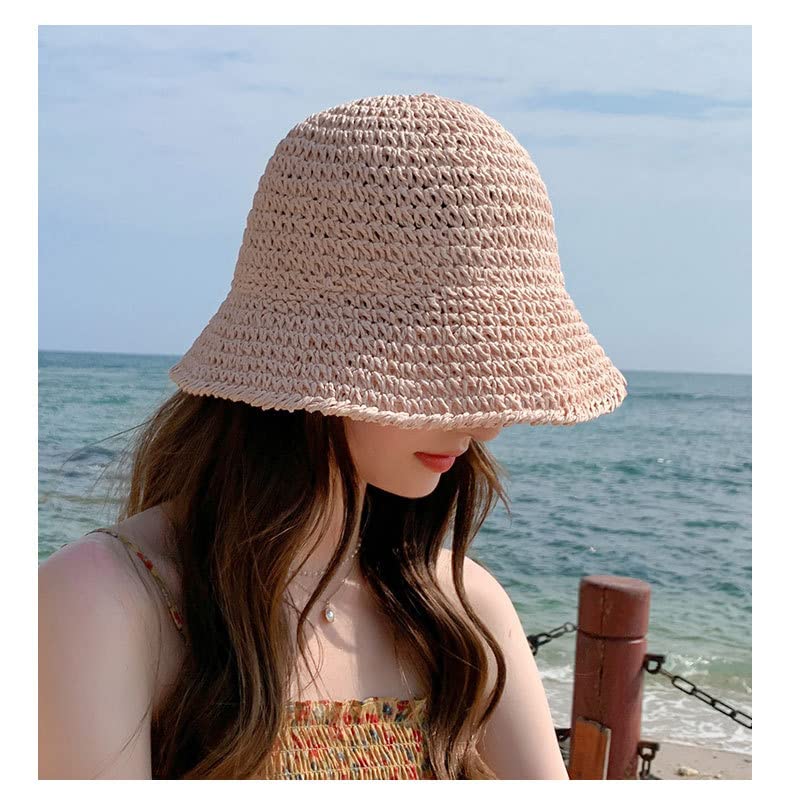 Womens Straw Sun Hat Woven Bucket Hat Fishing Hat Beach Hat Foldable Cap Solid Color Straw Beach Hat Summer