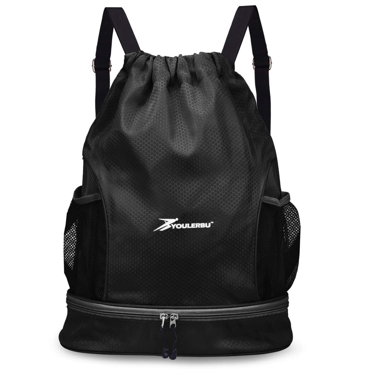 YOULERBU Dry Wet Drawstring Backpack Bag with Shoe Compartment Sackpack Heavy Duty String Bag Sports Gymsack Swim Beach Bag Black