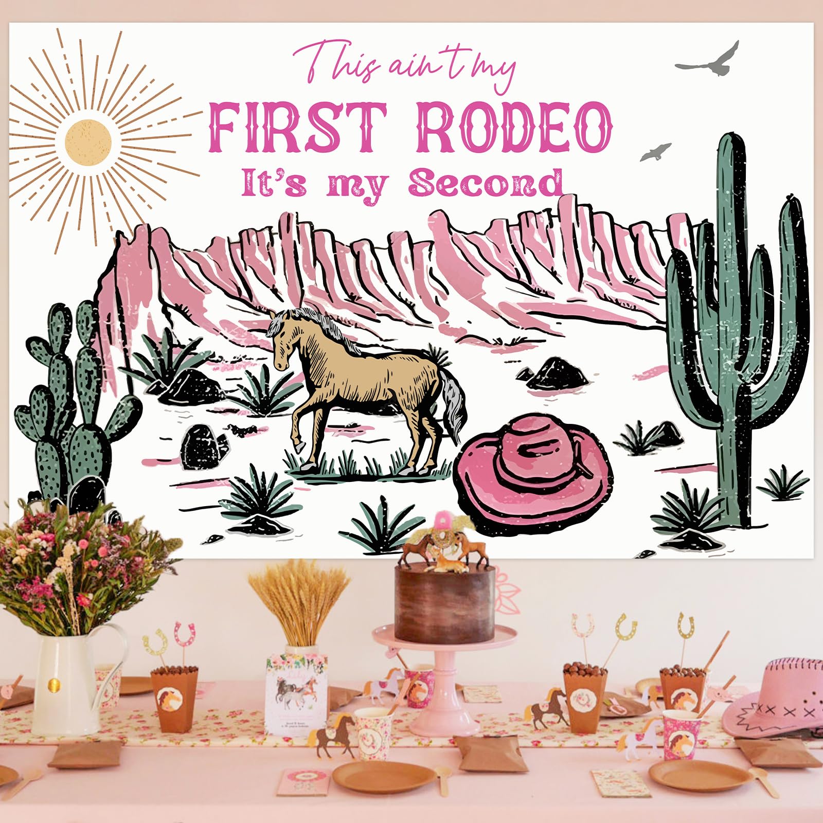 Wonmelody Western Cowgirl 2nd Birthday Decorations Backdrop This Aint My First Rodeo Birthday Party Decorations My 2nd Rodeo Birthday Decorations Wild West Second Birthday Background Banner for Girl