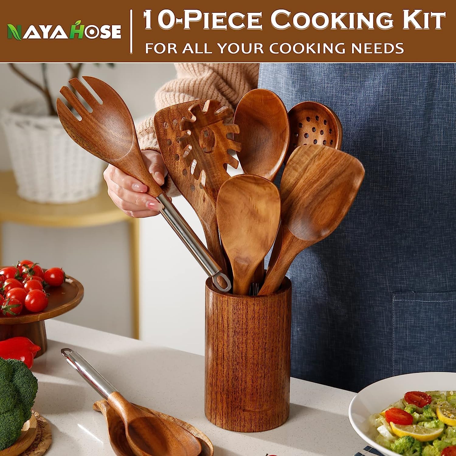 Wooden Spoons for Cooking with Utensils Holder, 10-Pieces Wooden Utensil Set Non-Stick, Natural Teak Cookware Wooden Cooking Spurtle Set, with Stainless Steel Handle