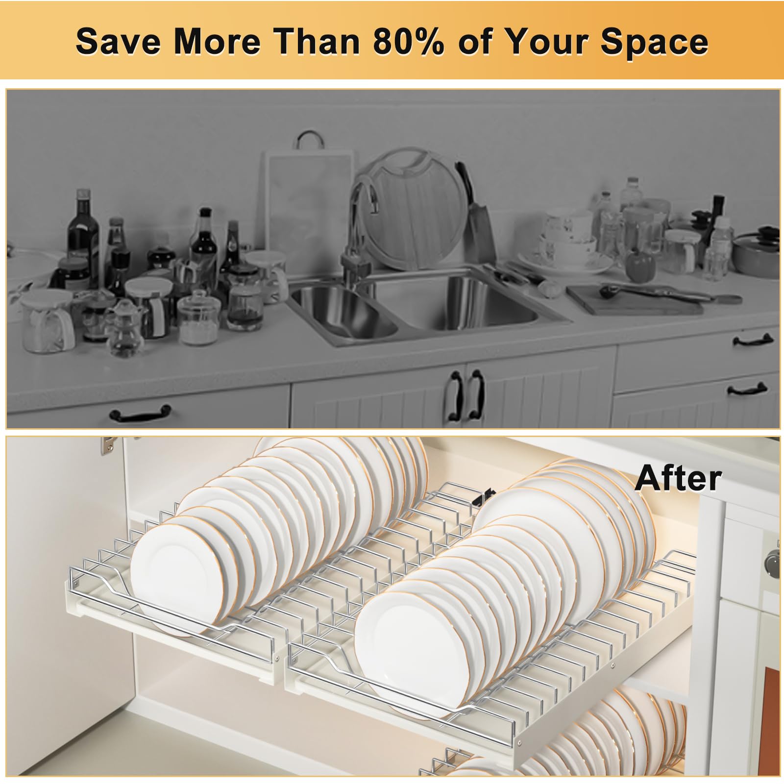 Tksrn Pull Out Cabinet Organizer Fixed With Adhesive Nano Film, Dish Drying Rack with Drainboard Set, Stainless Steel Dish Racks for Kitchen Counter, 11.8" W x16.6 D x 2.95" H