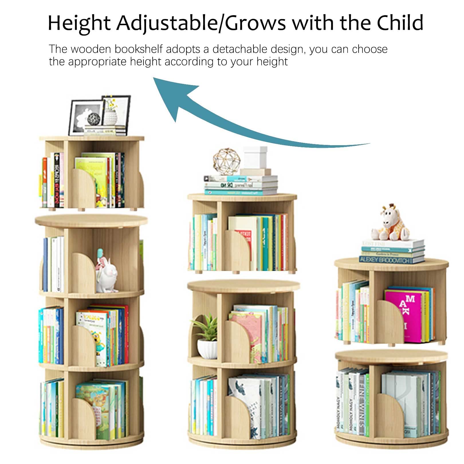 TNUEEIO 4-Tier Wooden Rotating Bookshelf,Natural Solid Wood Revolving Floor Standing Bookcase 360 Display Corner Storage Rack for Kids Adults, Stackable Shelves Bookshelf Organizer