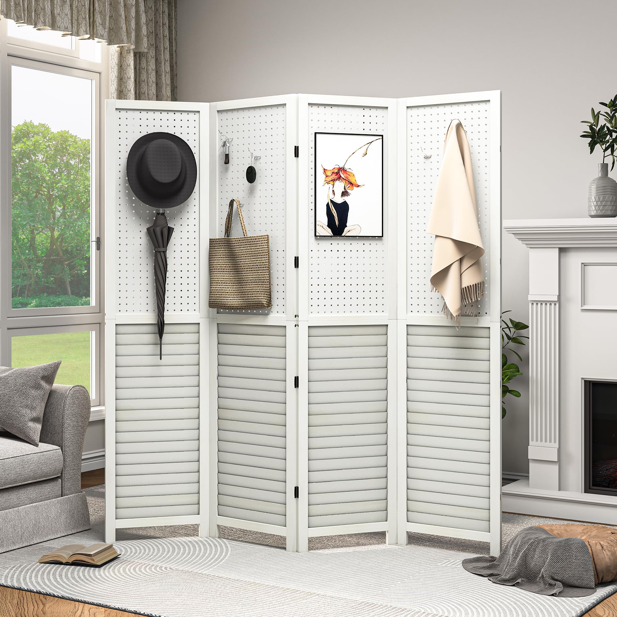 YITAHOME 5.6FT Wood PegBoard Room Divider 4 Panel Folding Privacy Screens and Pegboard Display, Standalone Portable Wall Divider Room Partition for Jewelry, Craft Show, Retail, Bedroom