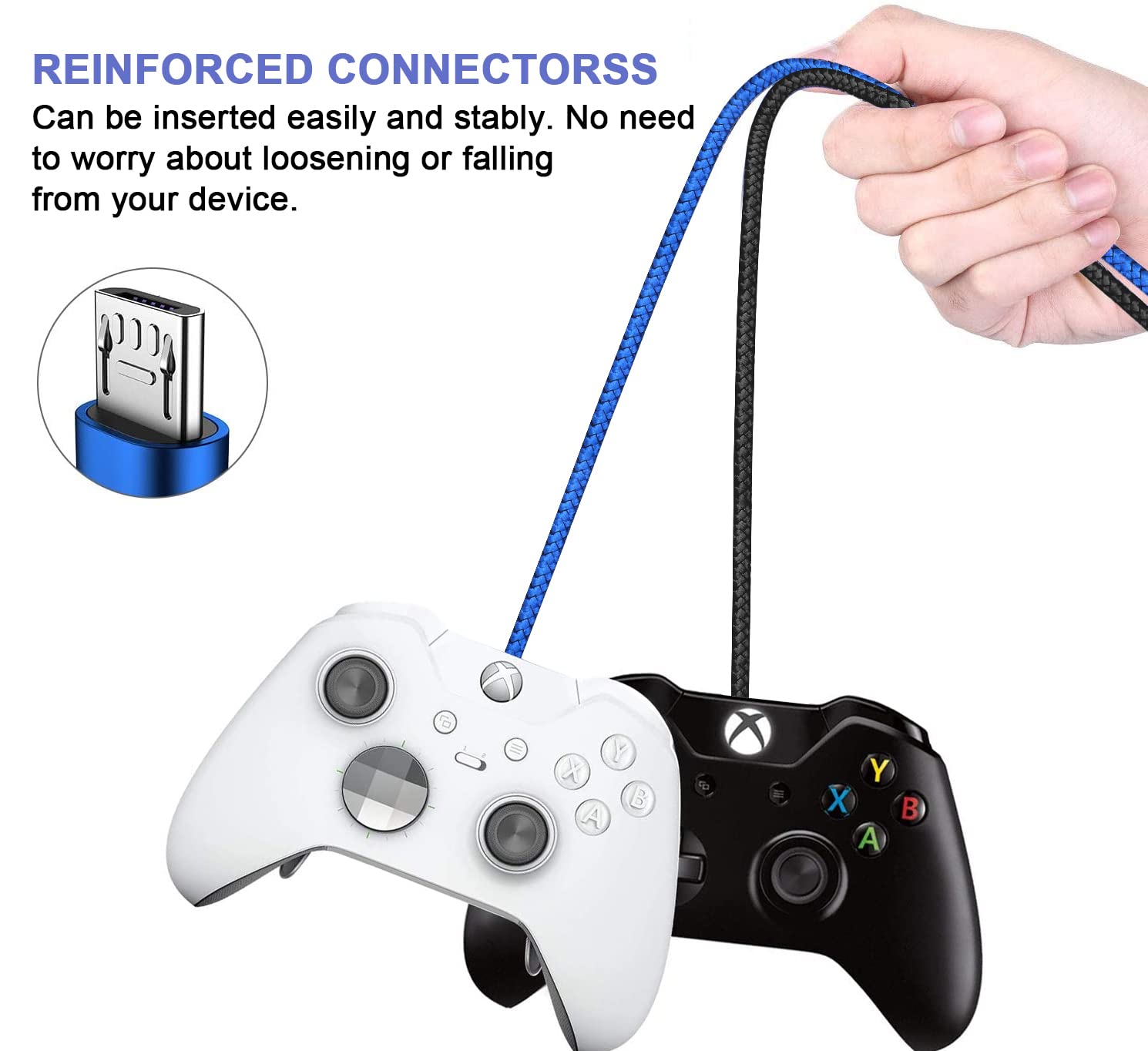 XUANMEIKE Charger Cable for Xbox One Controller, 2 Pack 10FT Super Long Nylon Charging Cable, Compatible with Xbox One S/X, PS4 Slim/Pro Controller, Android Phone (Black & Blue)