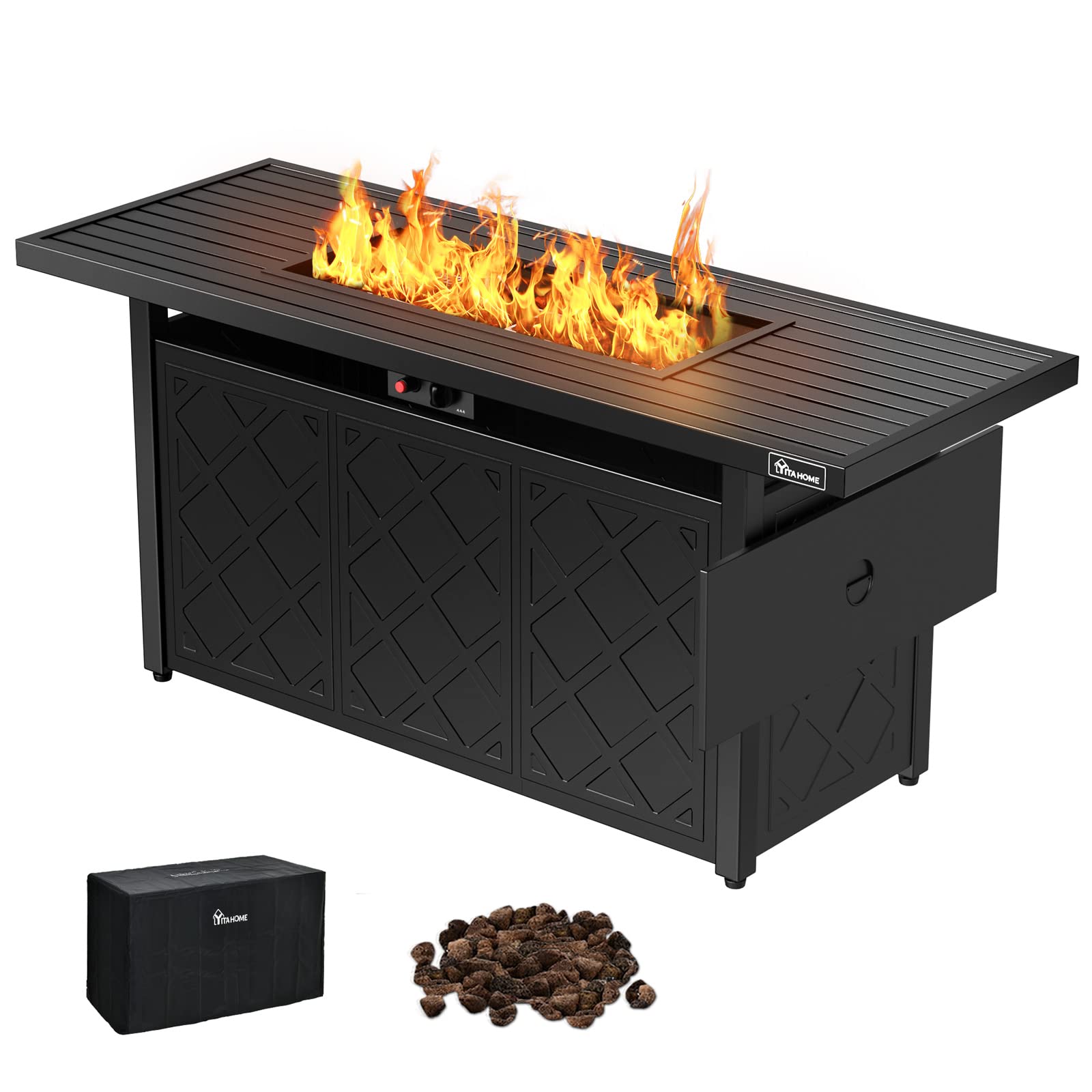 YITAHOME 57 Inch Propane Fire Pit Table, 50,000 BTU Gas Fire Pit with Ignition Systems, Iron Tabletop, Lava Rock, Cover, Lid Hanger, Rectangular Outdoor Firetable for Patio Garden Backyard (Black)