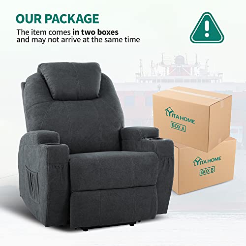 YITAHOME Power Lift Recliner Chair for Elderly, Electric Lift Chair with Heat and Massage, Fabirc Recliner Sofa with 2 Cup Holders, Side Pockets & Remote Control for Living Room,Grey