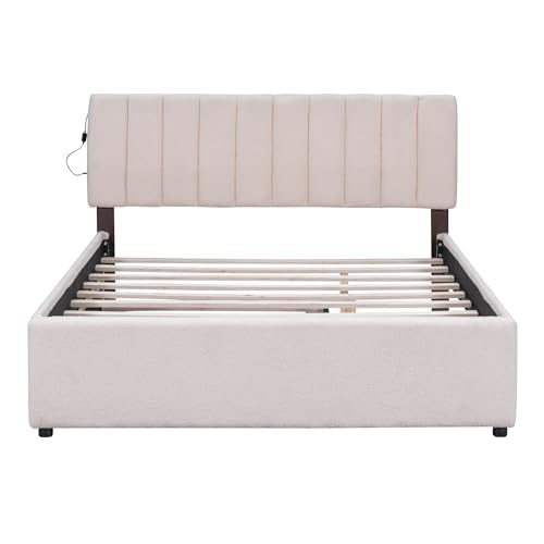 WOXYX Queen Size Upholstered Platform Bed with Teddy Fleece Headboard and Trundle,Beige