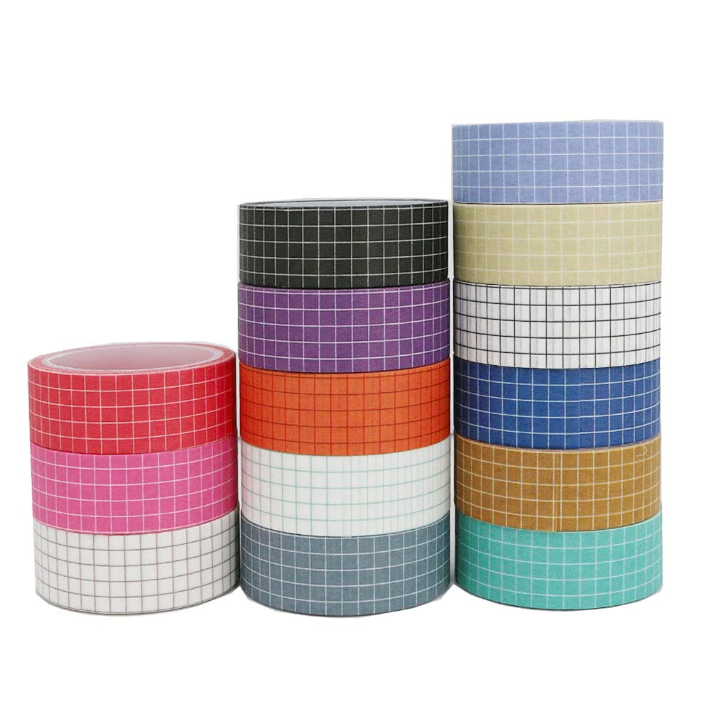 YuBoBo Washi Tape Set, 14 Rolls Grid Washi Masking Decorative Tapes for DIY Decor Planners Scrapbooking Adhesive School/Party Supplies