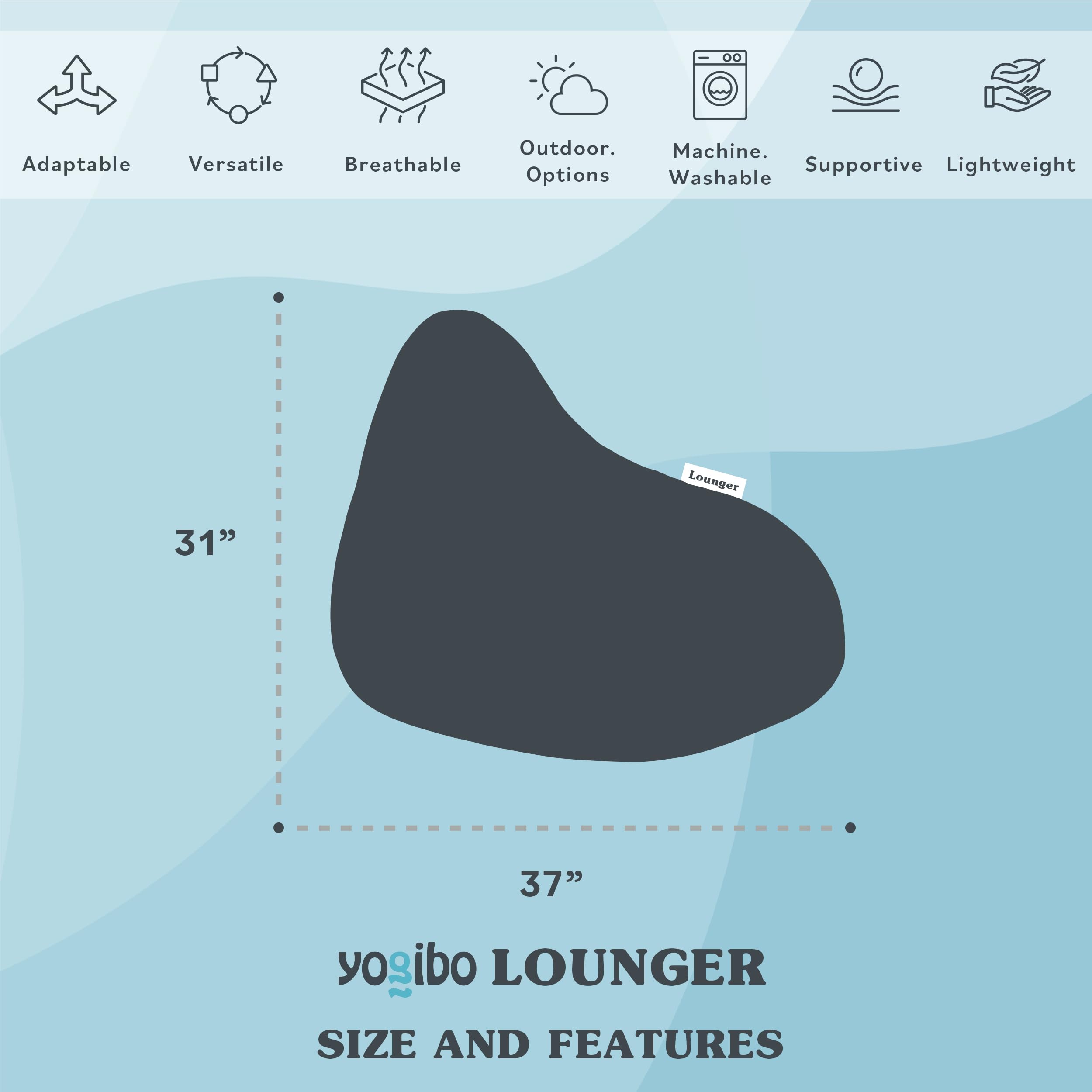 Yogibo Lounger Small Bean Bag Lounge Chair for Adults, Kids and Teens, Soft, Plush, Comfy, Sensory, Gaming Beanbag, Washable Cover, Turquoise