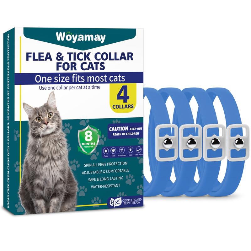 Woyamay 4 Pack Flea Collar for Cats, Luminous Cat Flea Collars, Natural Cat Flea Collar, 8-Month Flea and Tick Prevention for Cat, Adjustable & Water Resistant Cat Flea and Tick Collar, Gray