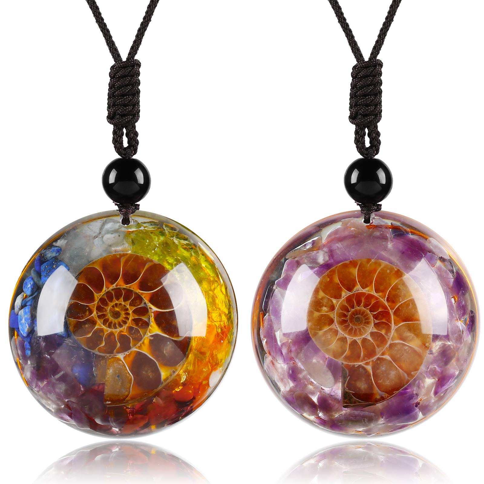 Yaomiao 2 Pieces 7 Chakra Stone Reki Healing Crystal Energy Pendant Gemstone Amethyst Resin Ammonites Spiral Necklace