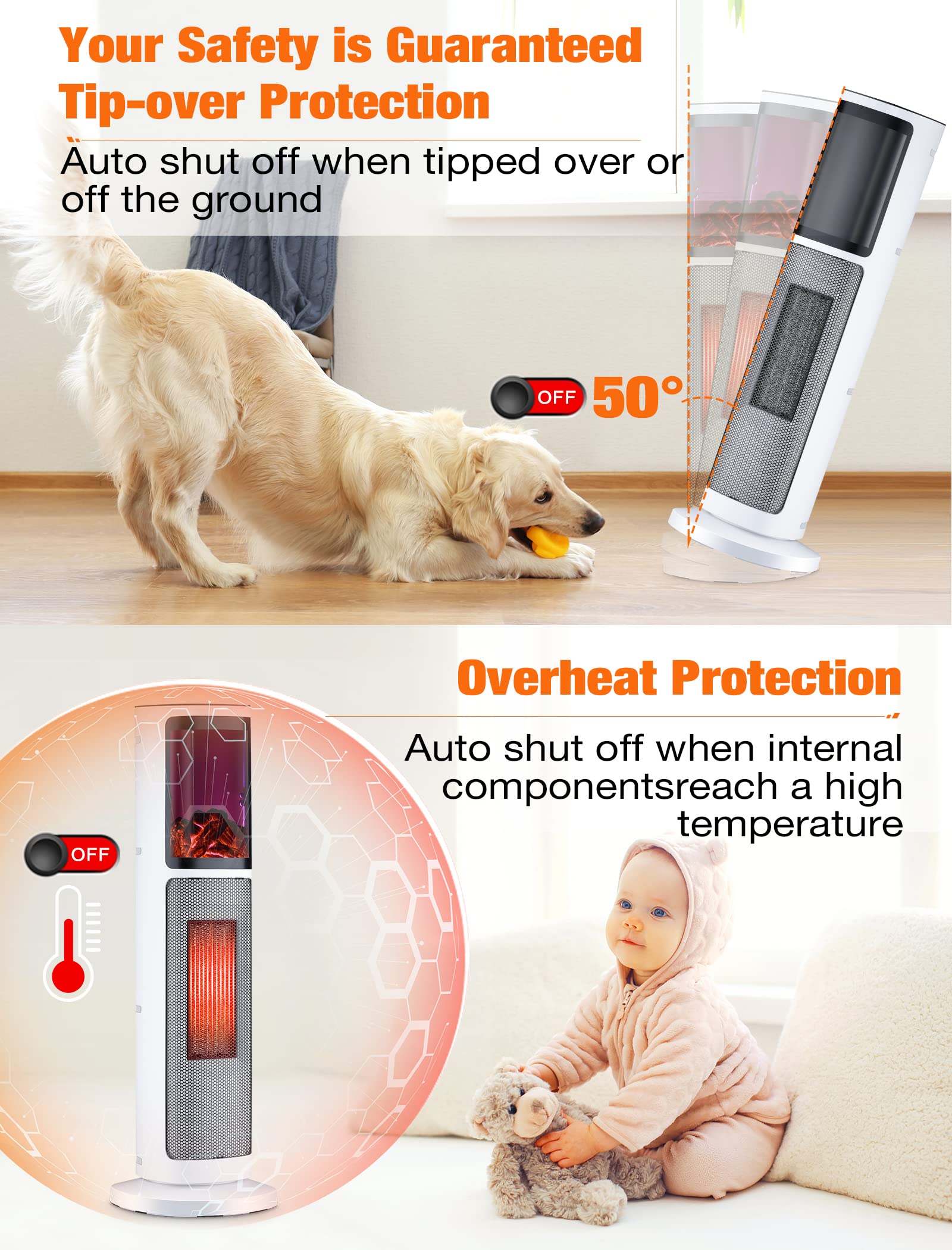 Tower Space Heater for Room, Indoor Electric Space Heater, 3 Modes & Thermostat, 90° Oscillation, 12H Timer, Remote, Overheat & Tip-Over Protection, 3D Flame, Space Heater for Office/Home/Indoor