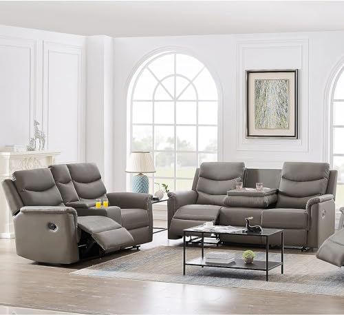 YUNLife&Home 2-Piece Manual Recliner Sectional Sofa Set,PU Upholstered Motion 3-Seat Sofá and Loveseat Couch with 1 Storage Console&4 Cup Holders for Living Room Apartment Office RV Theater