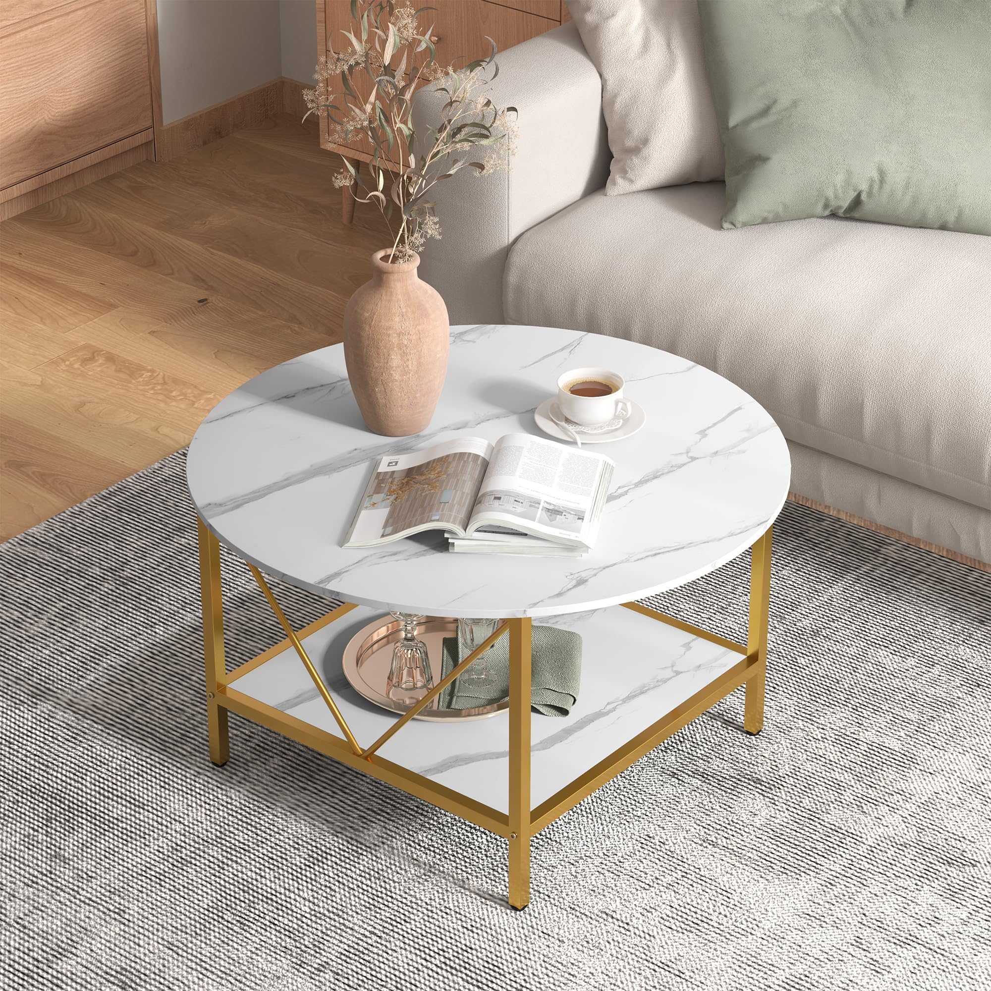 Yusong Round Coffee Table for Living Room, Farmhouse Circle Coffee Table with Storage Shelf, 2-Tier Modern Center Table with White Faux Wooden Tabletop, Gold Metal Frame