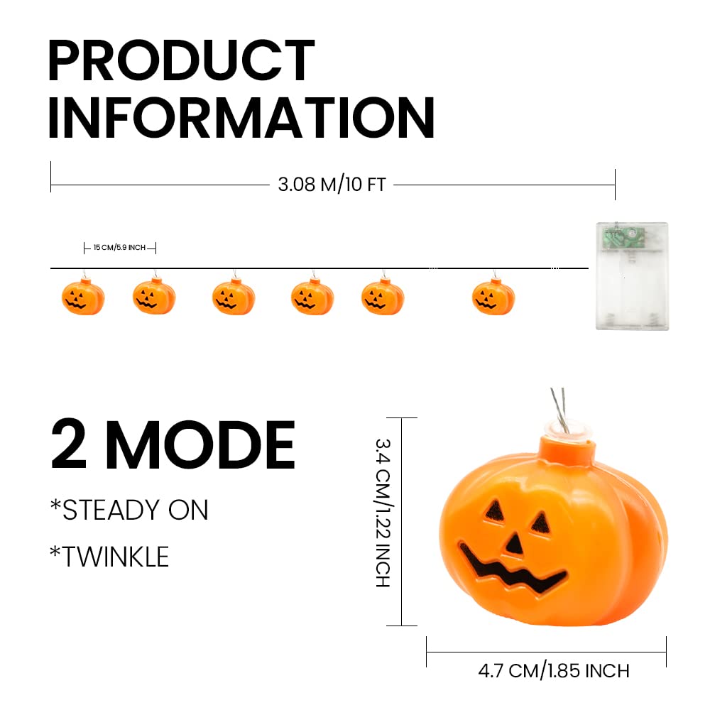 X-CHENG Halloween Pumpkin String Lights, LED Pumpkin Lights-20 LED 10 FT Battery Operated String Lights,2 Modes Steady/Flickering Lights for Outdoor Indoor Halloween Party Decorations