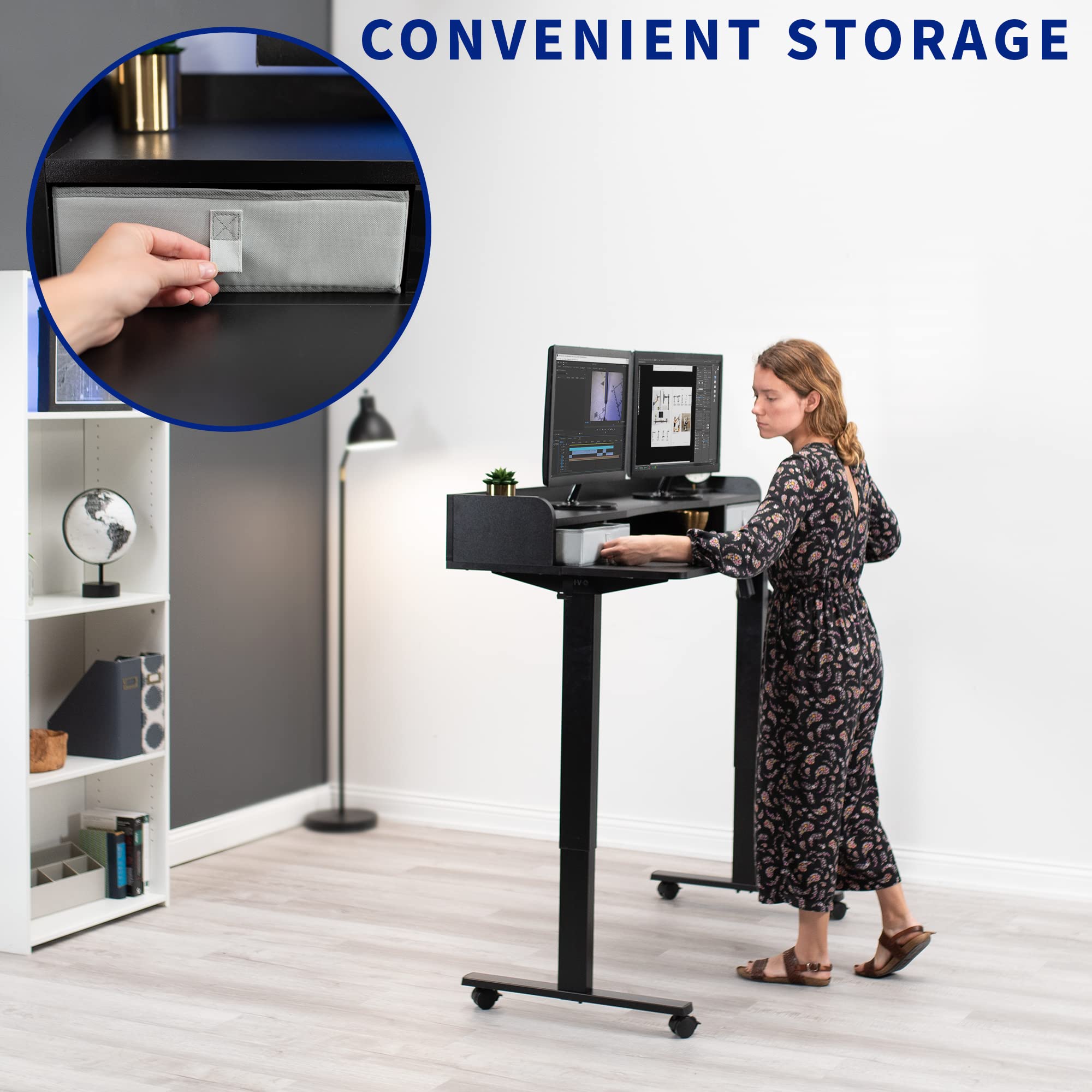 VIVO Electric 2-Tier Height Adjustable 60 x 24 inch Stand Up Desk, Mobile Table with Storage Drawers, Standing Workstation with Memory Controller, Casters, White, DESK-E-Y60SW