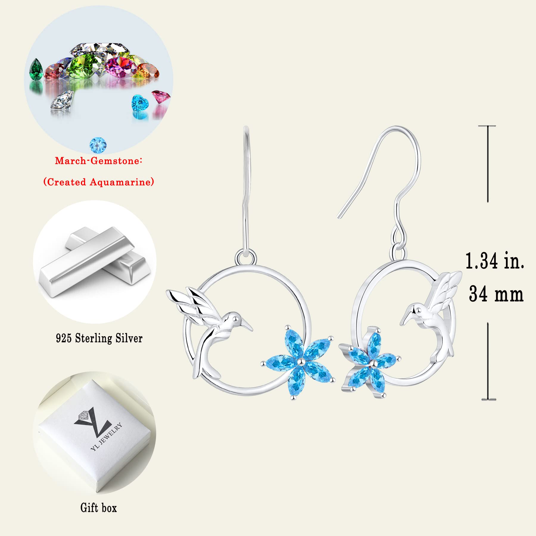 YL Hummingbird Hook Earrings Sterling Silver Flowers Dangle Drop Earrings Created Aquamarine Jewelry Women