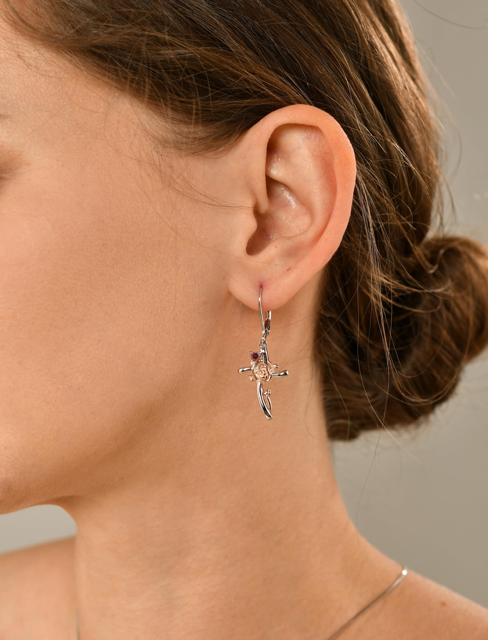 YL Rose Cross Earrings Sterling Silver Flower Dangle Drop Earrings Created Ruby Religious Leverback Jewelry for Women