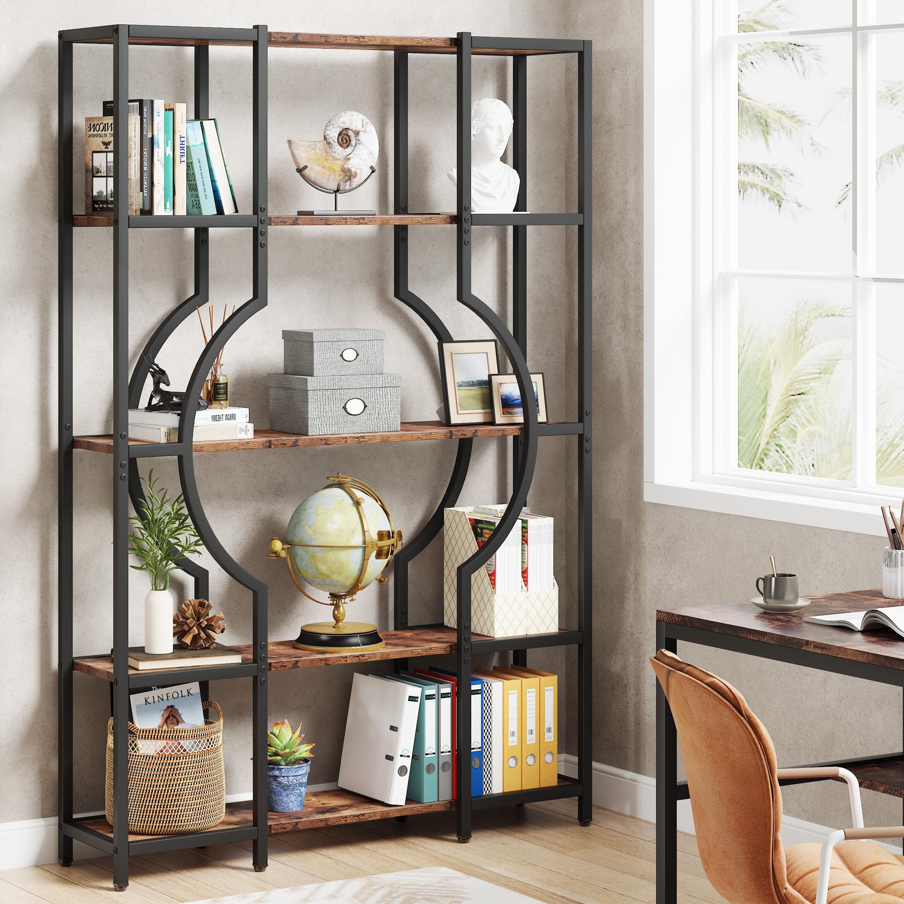 Tribesigns 5-Tier Bookshelf and Bookcase, Vintage Tall Bookcase with 12 Open Display Shelves, Wooden Book Shelving Unit with Metal Frame for Home Office, Living Room, Bedroom
