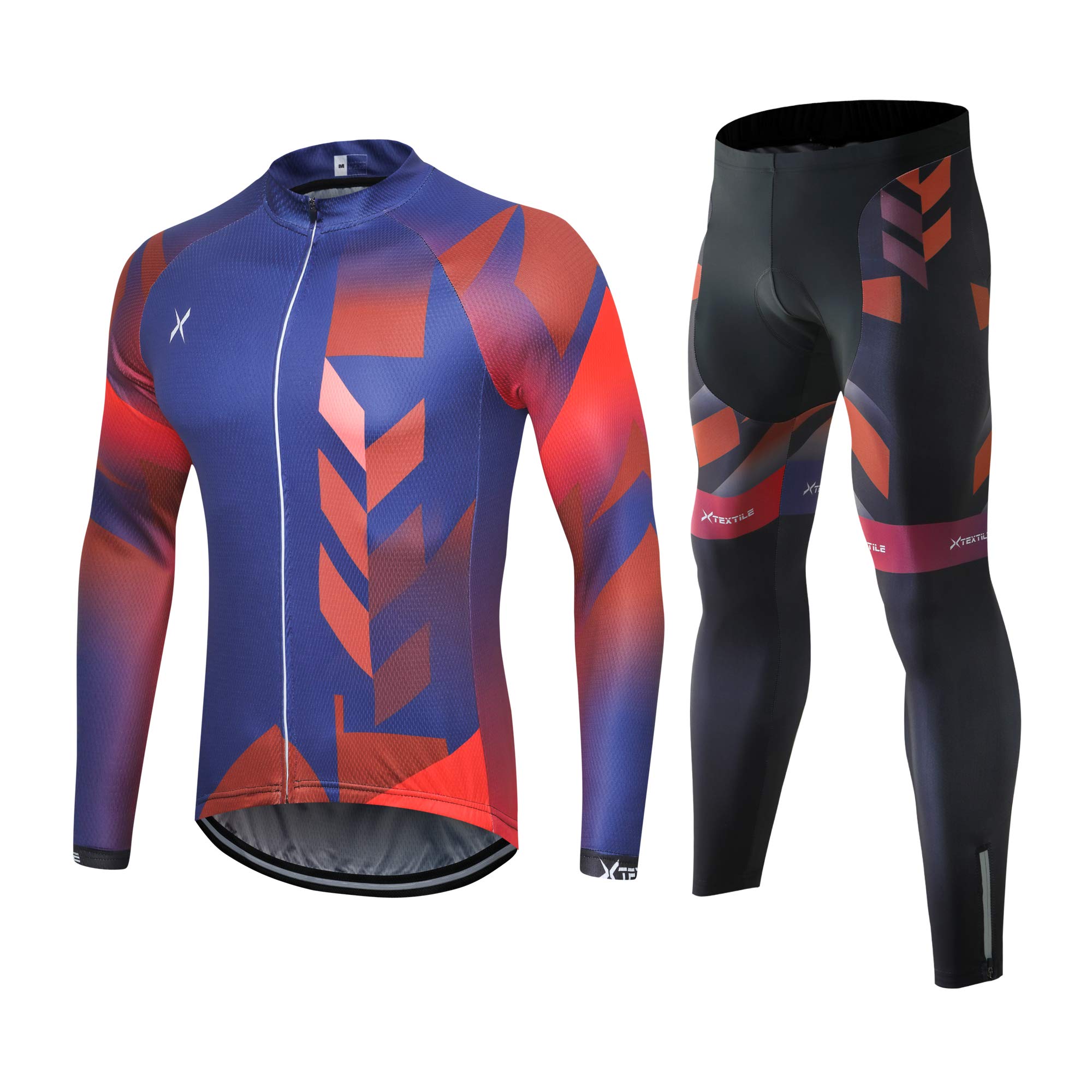 Xtextile Cycling Jersey Set Long Sleeve Zipper Workout Clothes for Men Cycling Clothes Set Tight Compression Leggings and Shirts