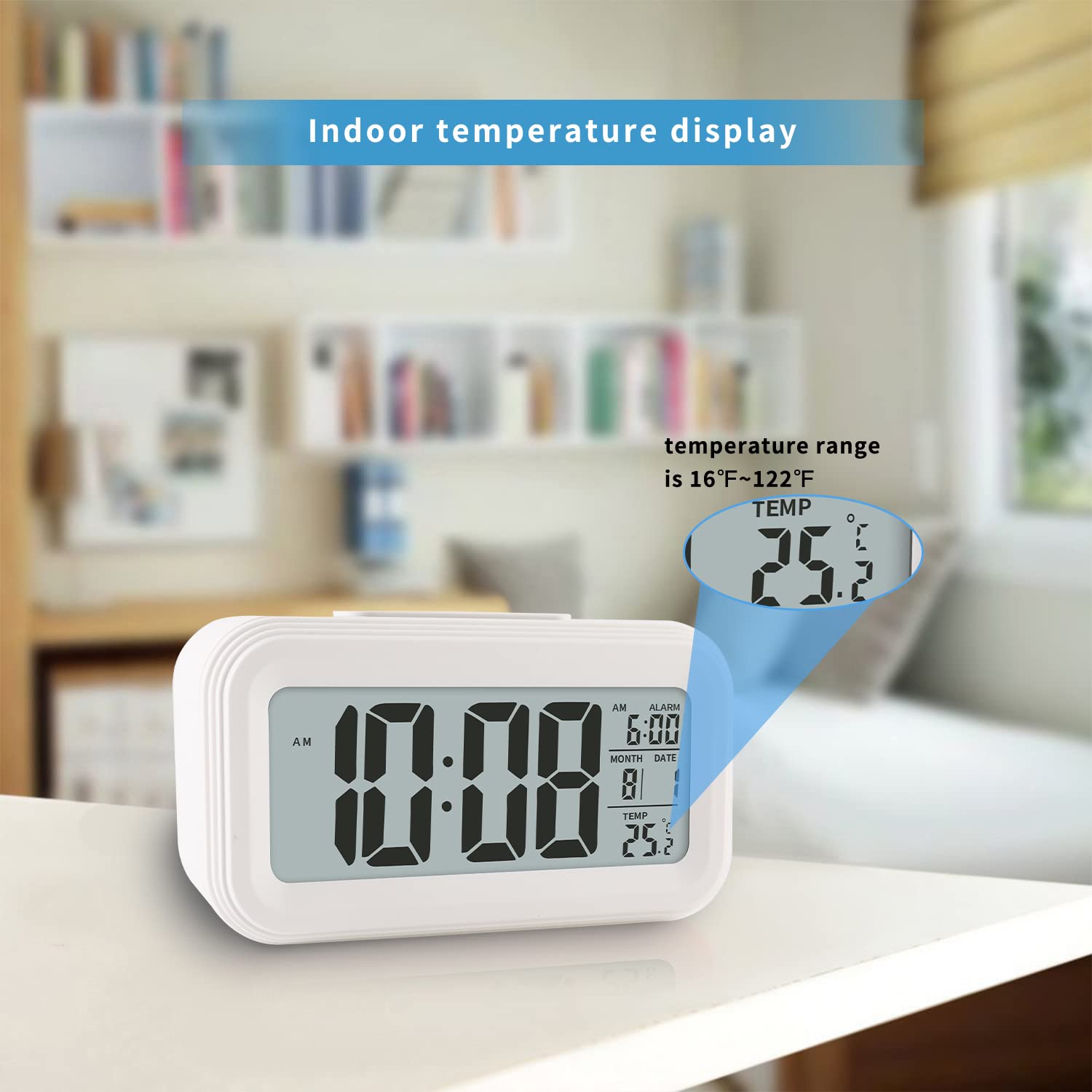 YUANRANER Digital Alarm Clock with Indoor Temperature, Battery Operated,Snooze Model,12/24H Display for Bedrooms Heavy Sleepers Kids Travel Bathroom Desk Smart Clock