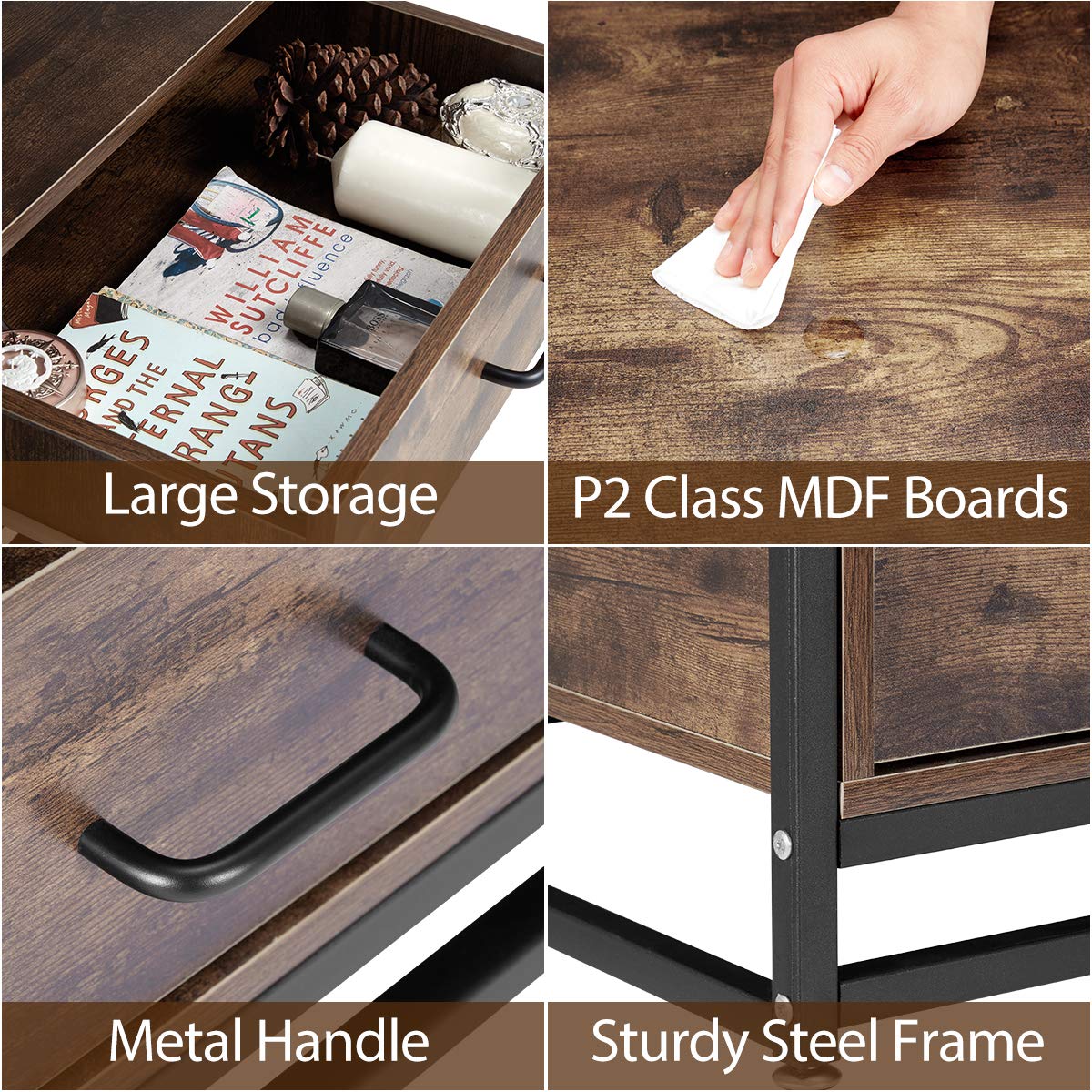 YOLENY 43" Industrial Coffee Table,Accent Cocktail Table with Storage Shelf,2 Drawers Solid Wood and Metal Frame Legs,for Living Room