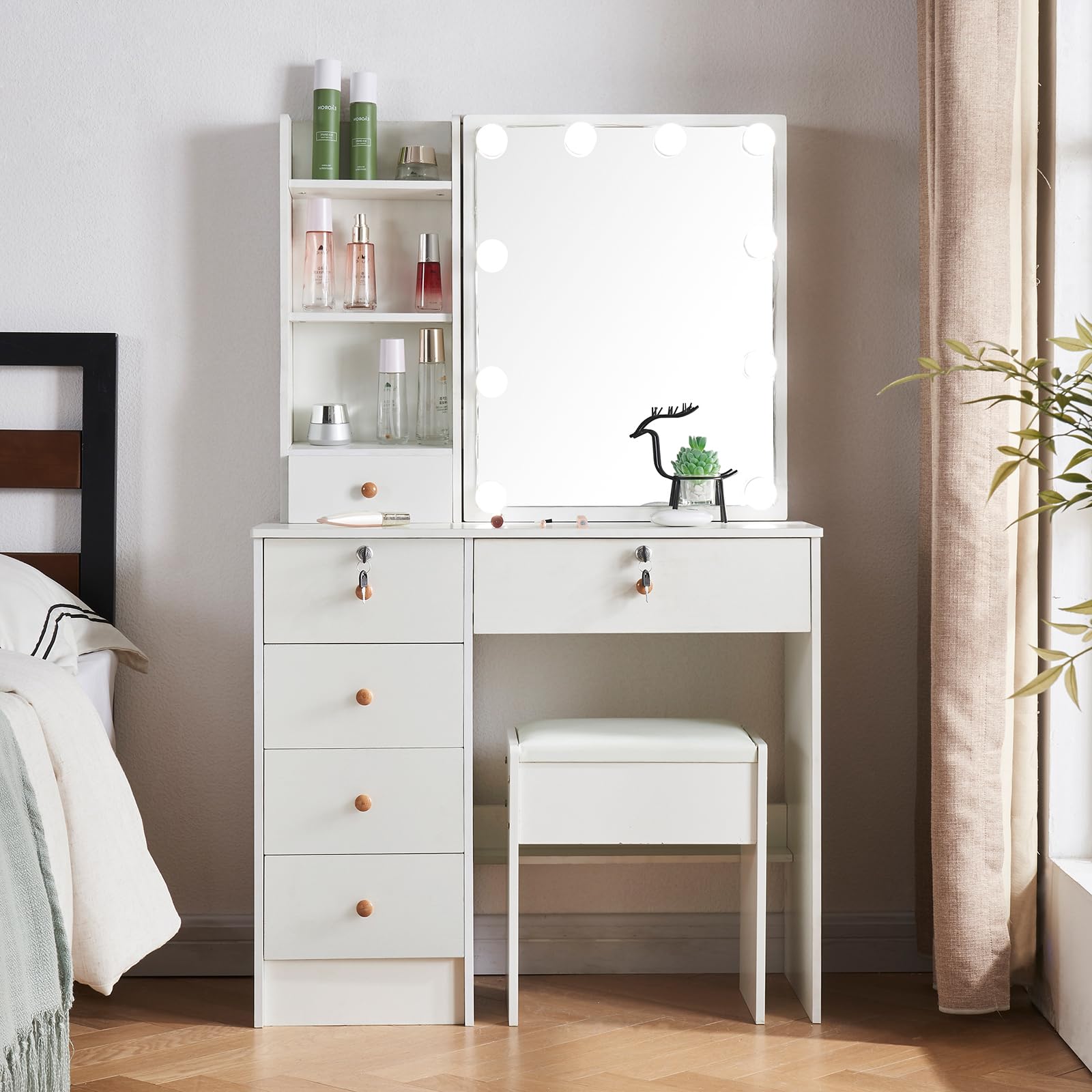 Xinhonglei White Vanity Desk with Mirror and Lights, Makeup Vanity with Lights, Modern Vanity Table with Lighted Mirror, Dressing Table with Drawers and Stool, Vanity Set Dresser for Bedroom