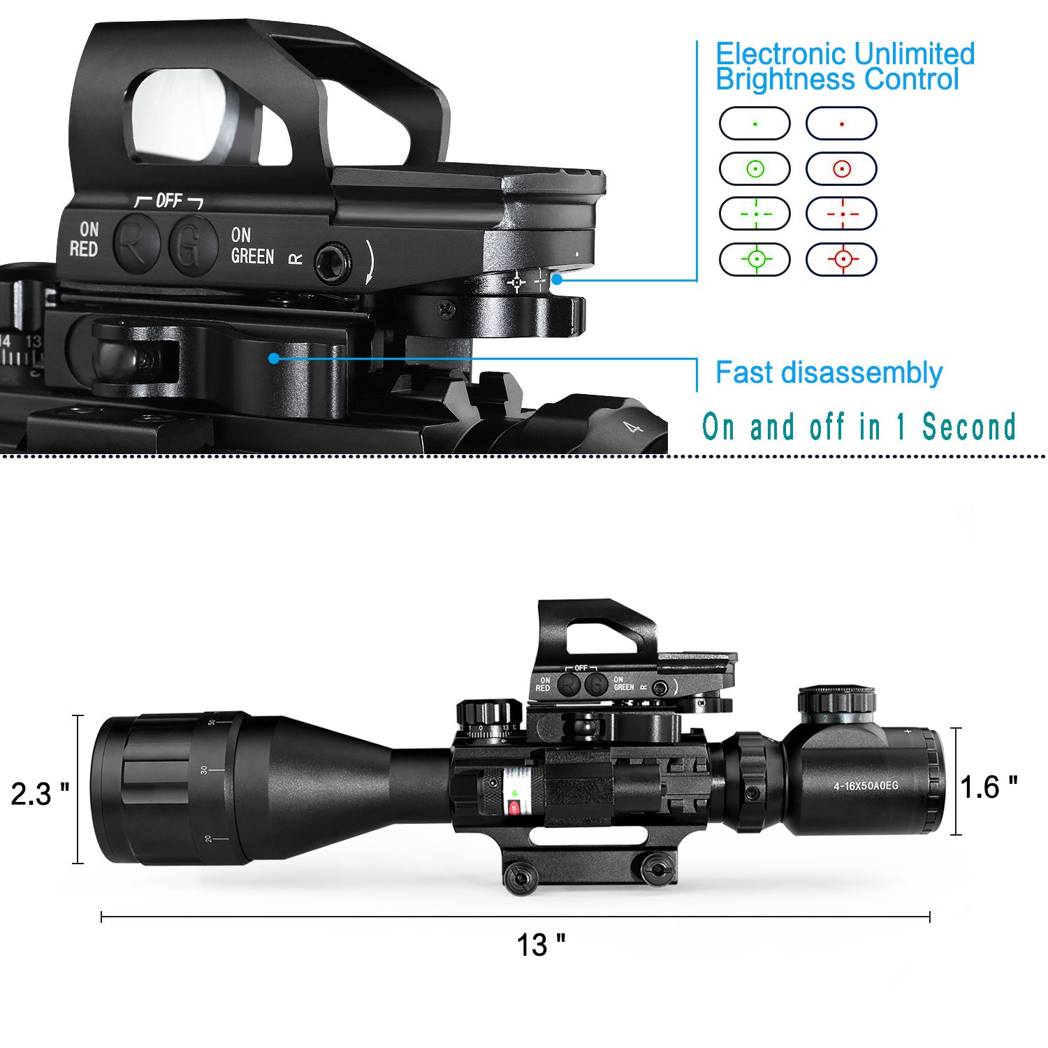XOPin 4-16x50AO Rifle Scope Combo Dual Illuminated with Green Laser Sight 4 Holographic Reticle Red Dot for Rail Mount