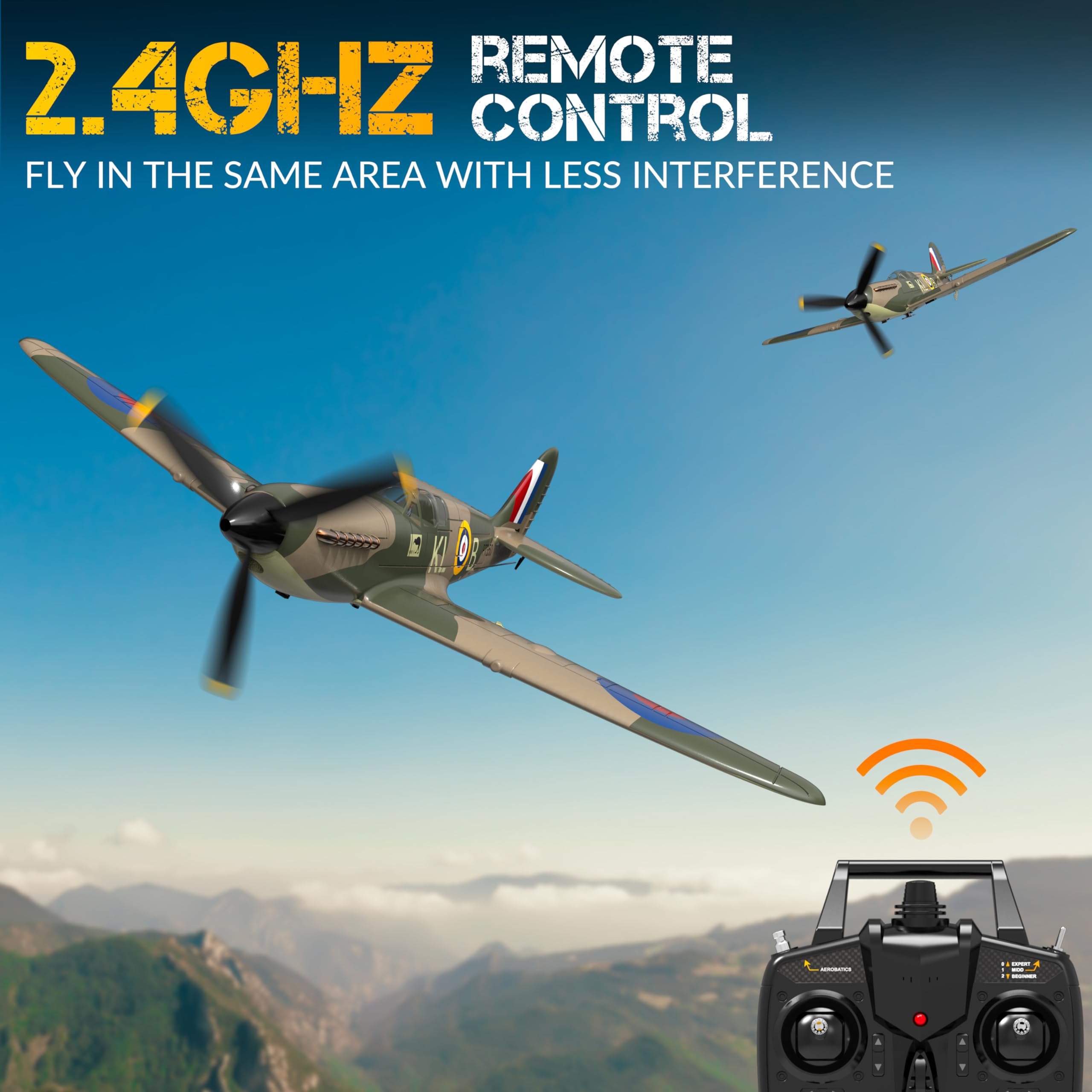VOLANTEXRC 4-CH Spitfire One Key Remote Control Airplane with Xpilot Stabilization, Gyroscope, 3 Level Control, and Lightweight Design, Camouflage