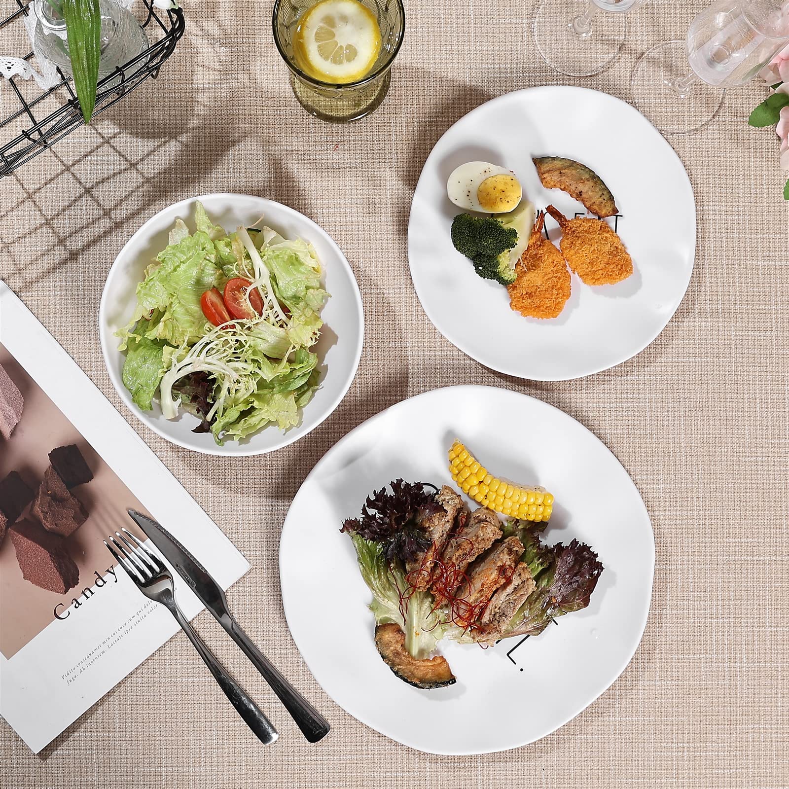 Yummost Melamine Dinnerware Sets, Plates and Bowls Set for 4, Perfect for Indoor and Outdoor Dining Party, Dishwasher Safe, LET'S EAT Word Print