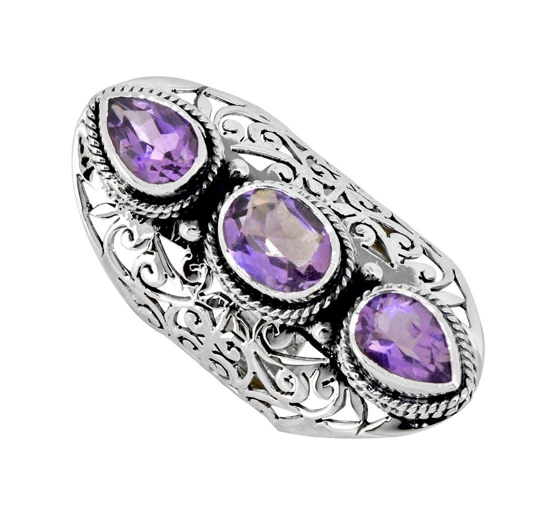 YoTreasure .925 Sterling Silver Amethyst Crystals Filigree Three Stone Ring