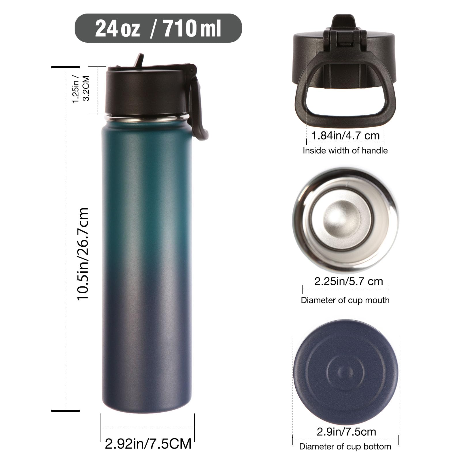 Volhoply 24oz Insulated Water Bottle With Straw Bulk 2 Pack,Metal Wide Mouth Water Bottles With Handle Lid Keep Cold,Reusable Double Wall Thermos,Powder Coated Sport Bottle For Holder(White,2 Count)