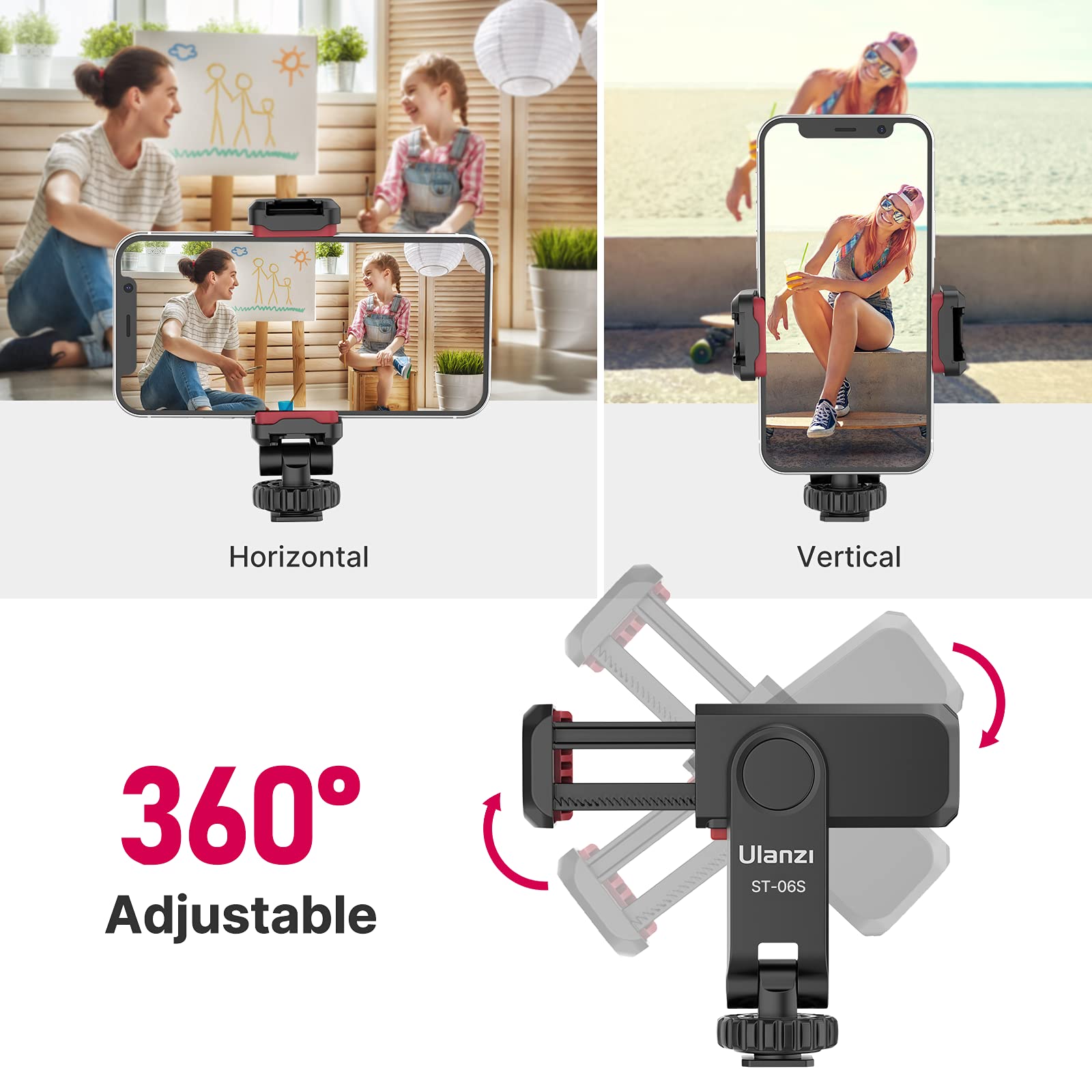 ULANZI Phone Tripod Mount ST-06S, New Universal Smartphone Mount Adapter with 2 Cold Shoe, 360° Rotates Adjustable Cell Phone Clip Clamp Holder, Compatible with iPhone, Samsung Galaxy and All Phones