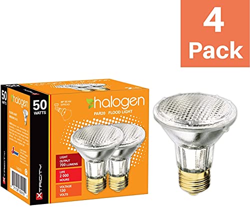 Xtricity PAR20 Halogen Narrow Flood Light Bulb, Halogen Light Bulb, 50W, Dimmable, 700 Lumens, E26 Medium Base, 2700K Warm White, 120V, Ideal for Range Hood Replacement, (4 Pack)