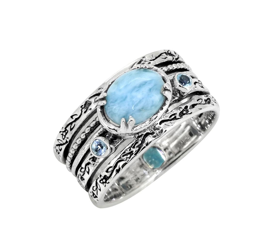 YoTreasure Larimar Swiss Blue Topaz 925 Sterling Silver Antique Three Stone Ring