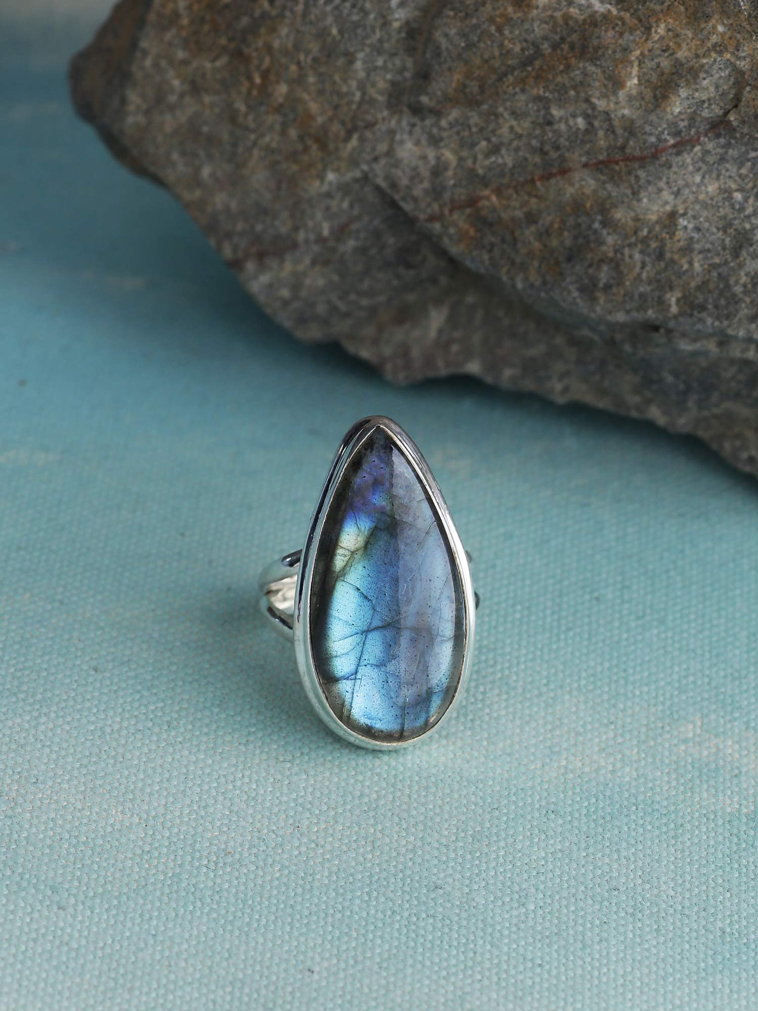 YoTreasure Natural Labradorite Ring Solid 925 Sterling Silver Jewelry