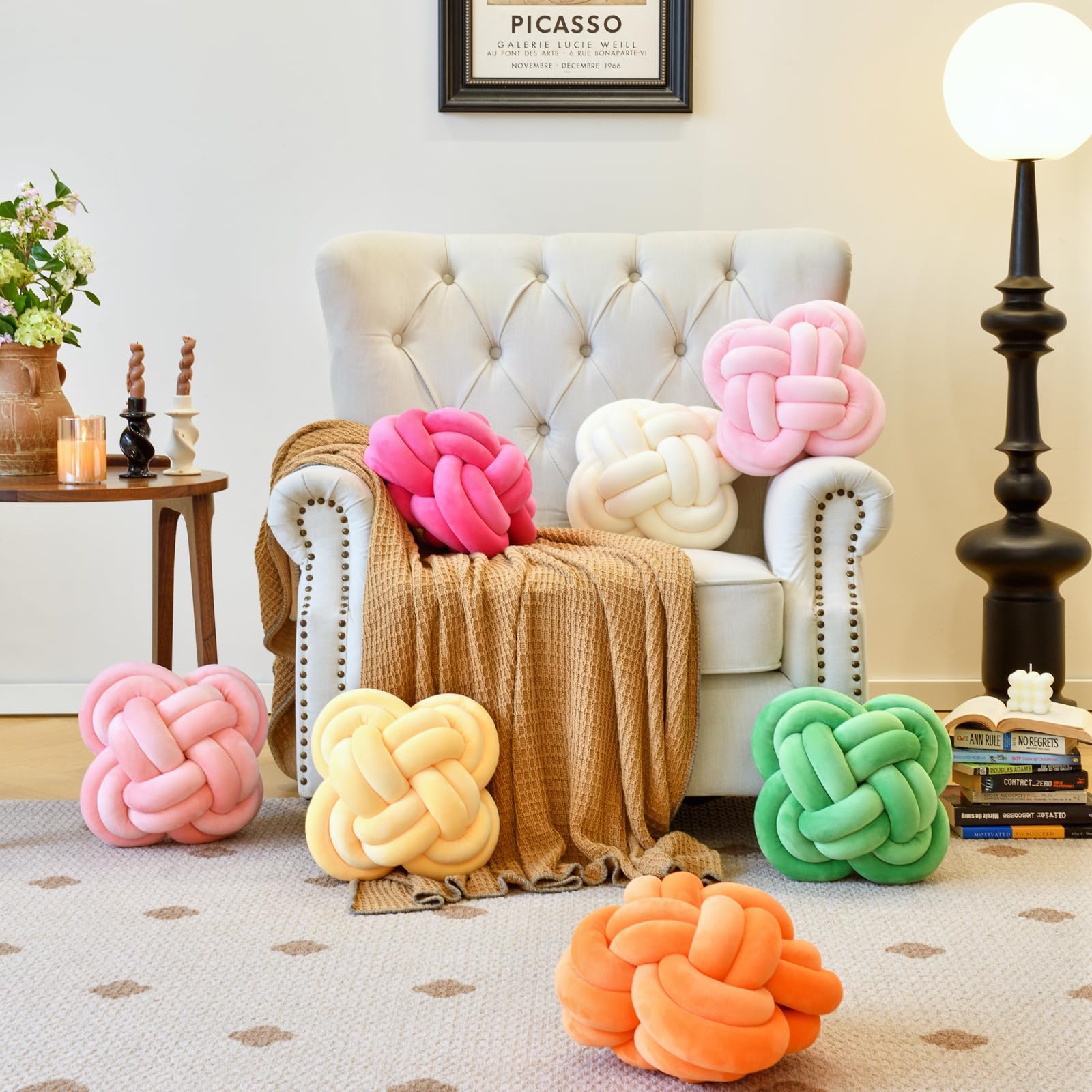 Xuyier Knot Pillow Ball, Decorative Throw Pillows with Velvet Fabric for Couch Bed, 12" Decor Knotted Square Floor Pillow Cushions for Living Room (12 Inches, Ivory White)