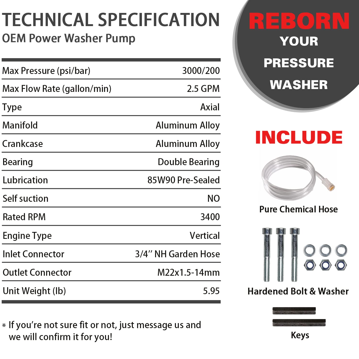 YAMATIC 7/8" Shaft Vertical Pressure Washer Pump, 2600-3000 PSI @2.3 GPM OEM & Replacement Pump for Power Washer, Replacement with Troybilt, Briggs&Stratton, Craftsman, AR, Honda Front Inlet/Outlet