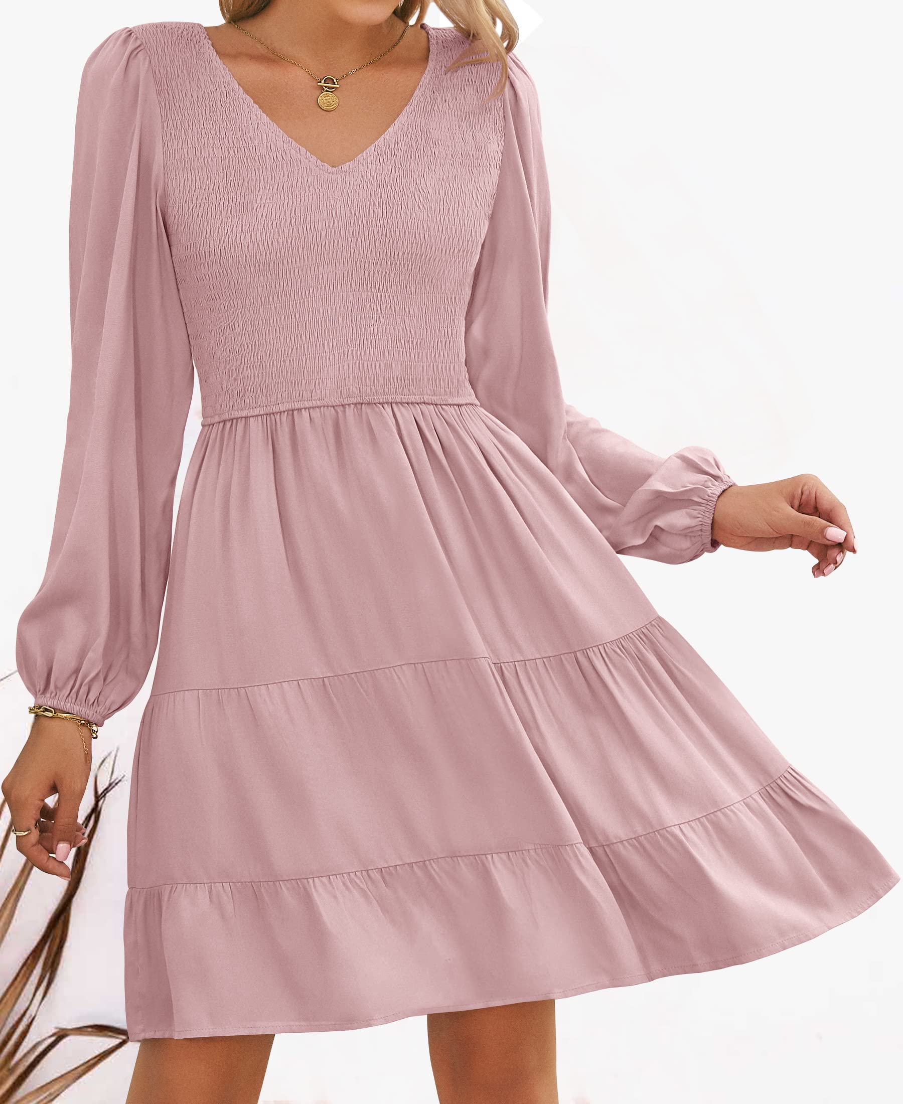 ZESICA Women's Casual V Neck Long Sleeve Smocked High Waist Ruffle A Line Tiered Mini Dress,DarkPink,Medium