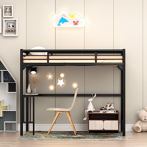 Voohek Twin Size Metal Loft Bed with Desk, Ladder and Guardrails, Bunk Bed Frame for Bedroom, Anti Wobbly Design, Large Weight Capacity, Black