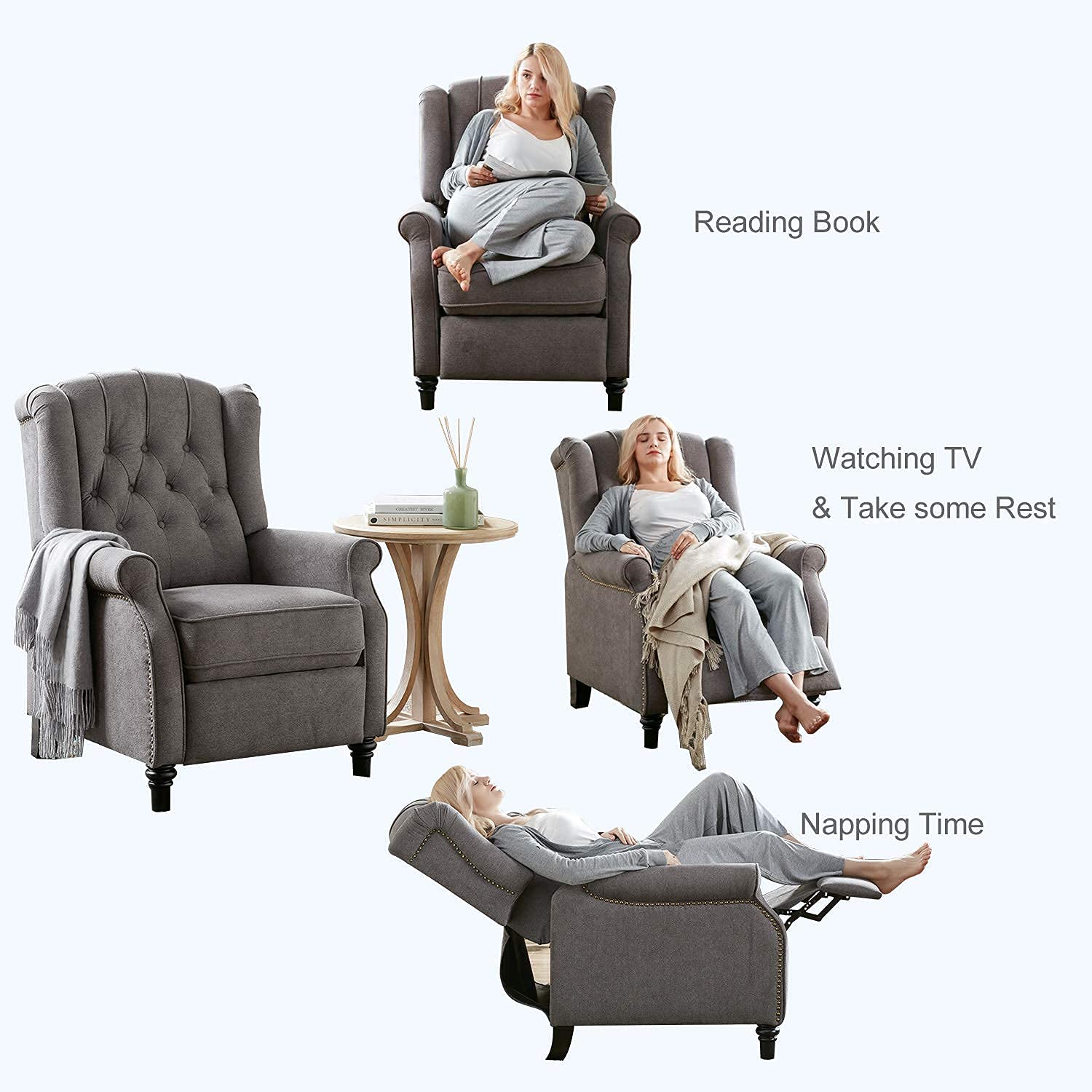 YANXUAN Pushback Recliner Chair, Tufted Armchair with Padded Seat, Backrest,Nailhead Trim, Gray