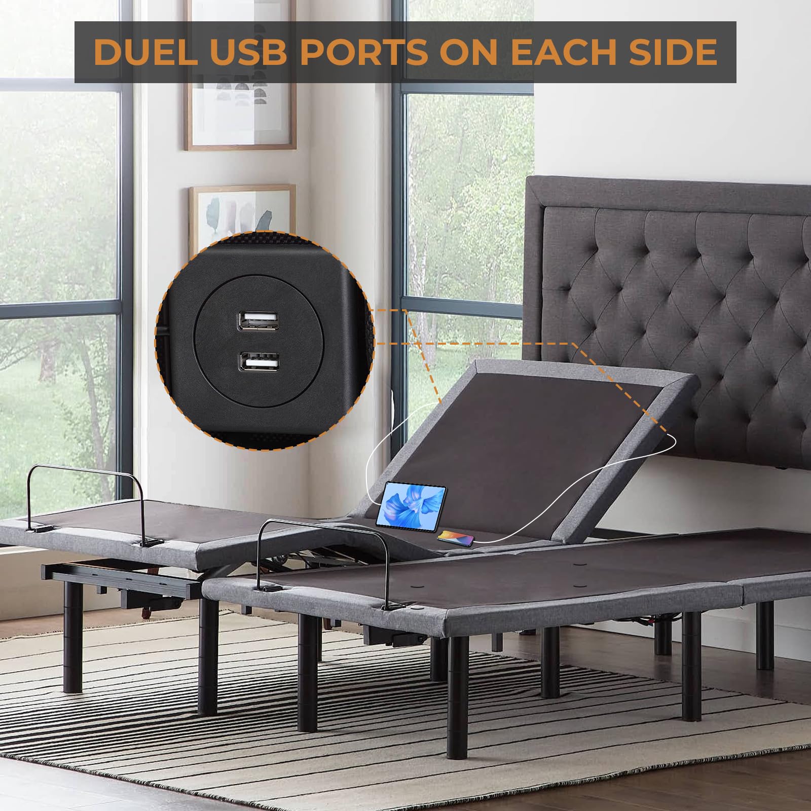 Zevemomo Adjustable Bed Base with USB Charging Station & Adjustable Height Foot, Split King Size Bed Frame with Head and Foot Incline, Wireless Remote Control Ergonomic Upholstered Bed Base