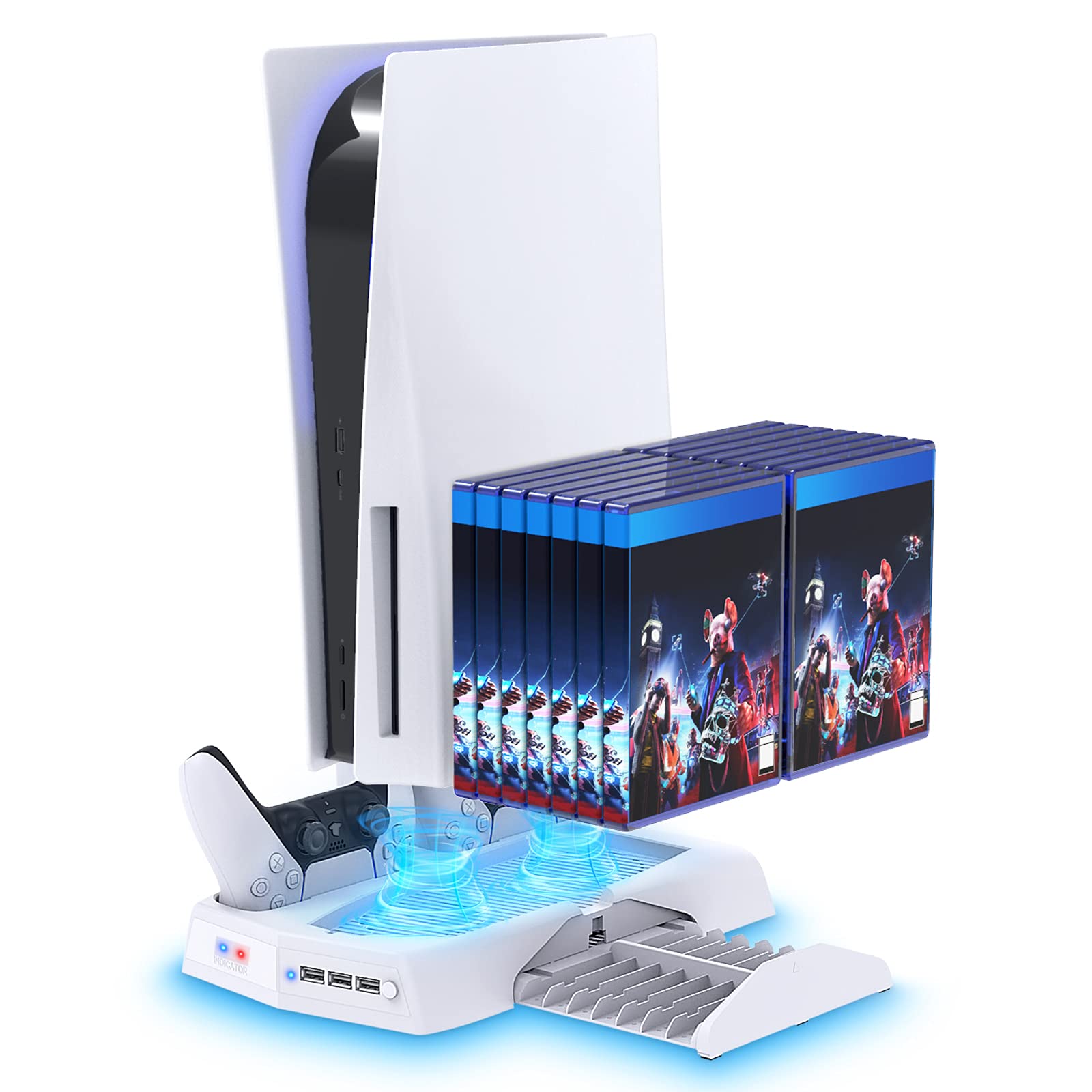 YUANHOT Vertical Cooling Stand Compatible with PS5 Console, Charging Station Dock with Controller Charger Ports and Retractable Game Storage - White