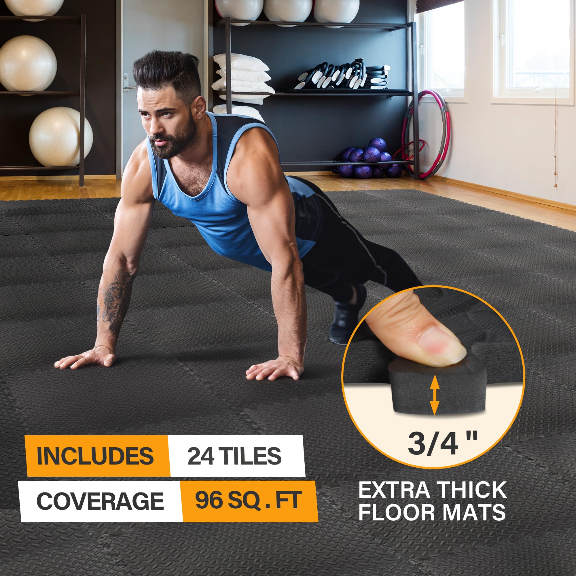 ZENY Puzzle Exercise Mat Gym Flooring Mat Interlocking Foam Mat 24 Tiles 3/4'' Extra Thick Floor Mats Exercise Equipment Mat Baby Play Mat 96 SQ. FT, Black